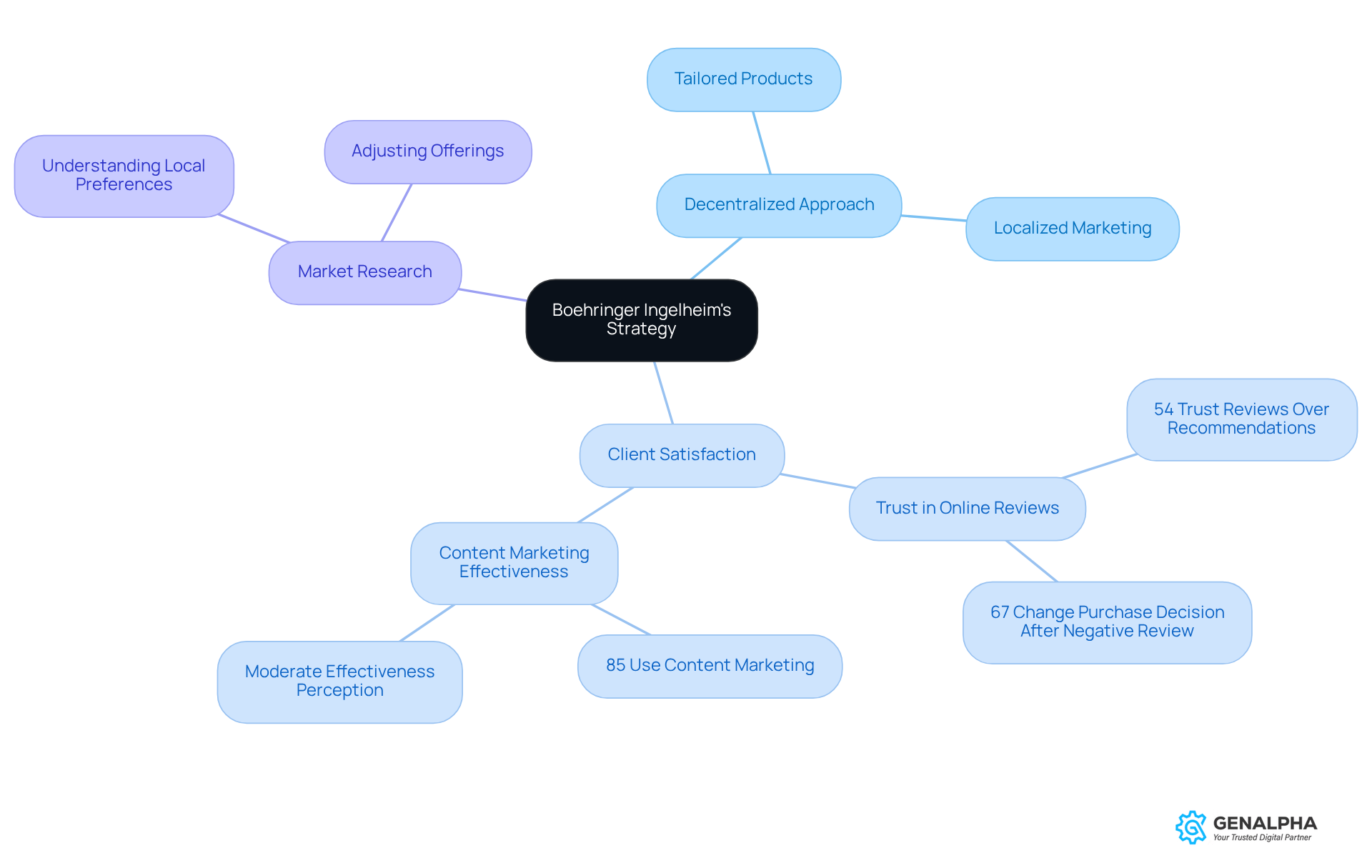 The center shows the main strategy, and the branches illustrate how they adapt globally while focusing on local needs. Each branch represents a key aspect of their approach.