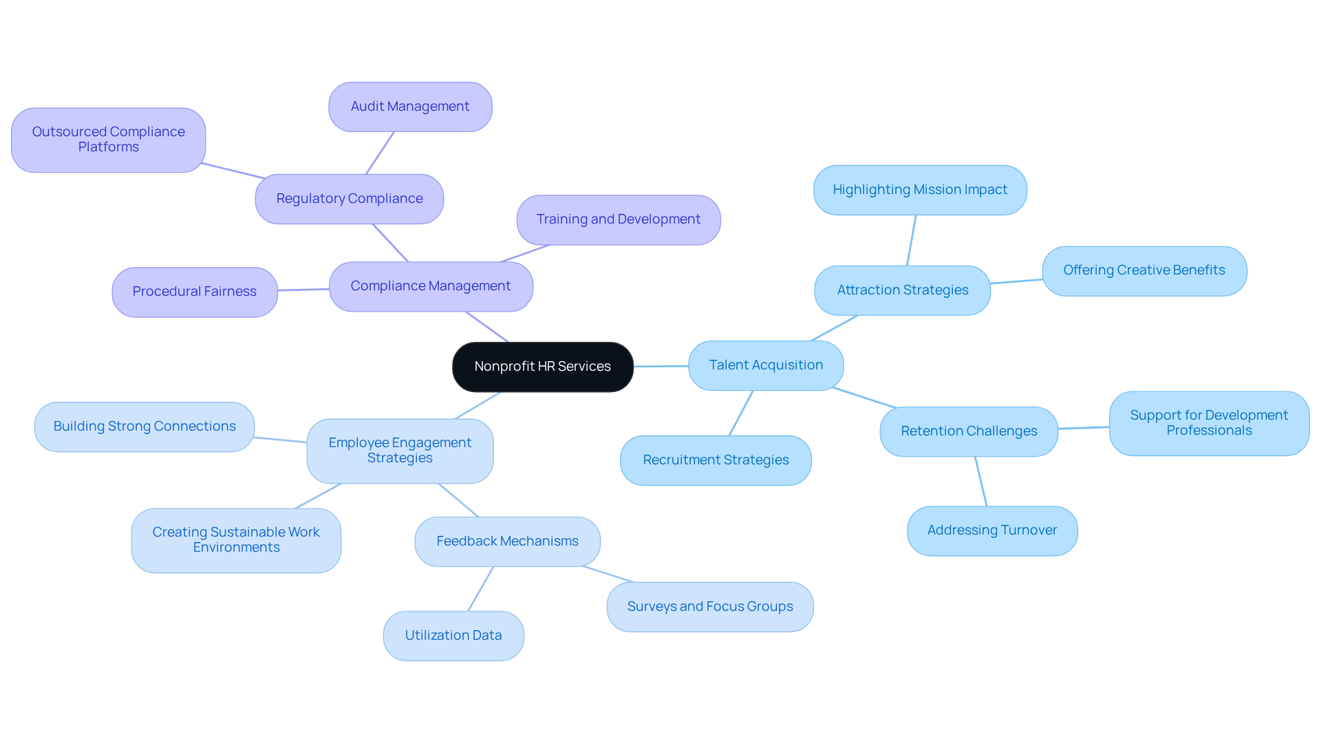 The center represents the main focus on HR services for nonprofits, while the branches show specific areas of expertise. Each branch highlights how these services can help nonprofits overcome challenges and fulfill their missions.