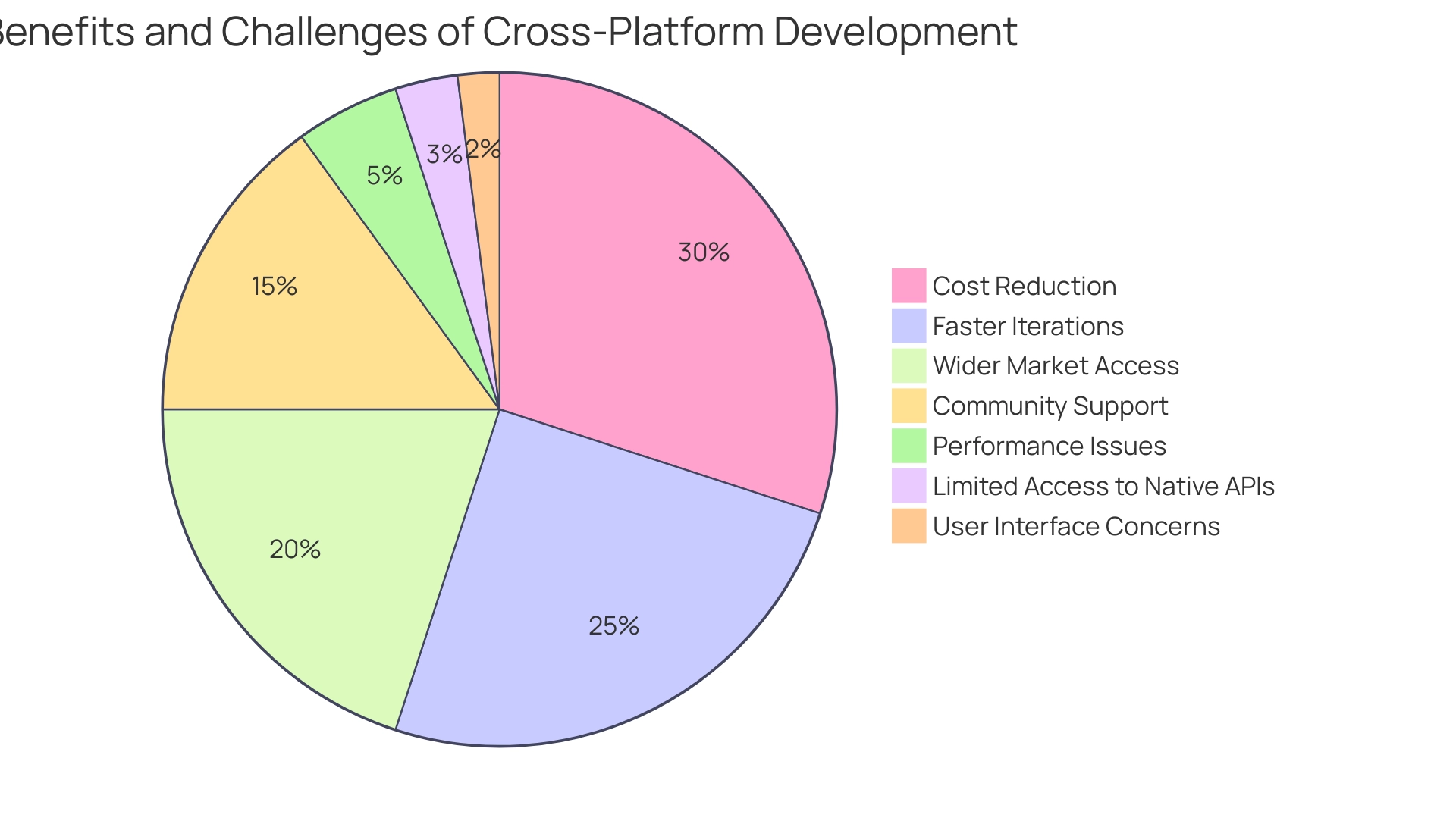 Each slice represents a specific benefit or challenge associated with cross-platform development, with the size indicating its relative importance based on the text content.