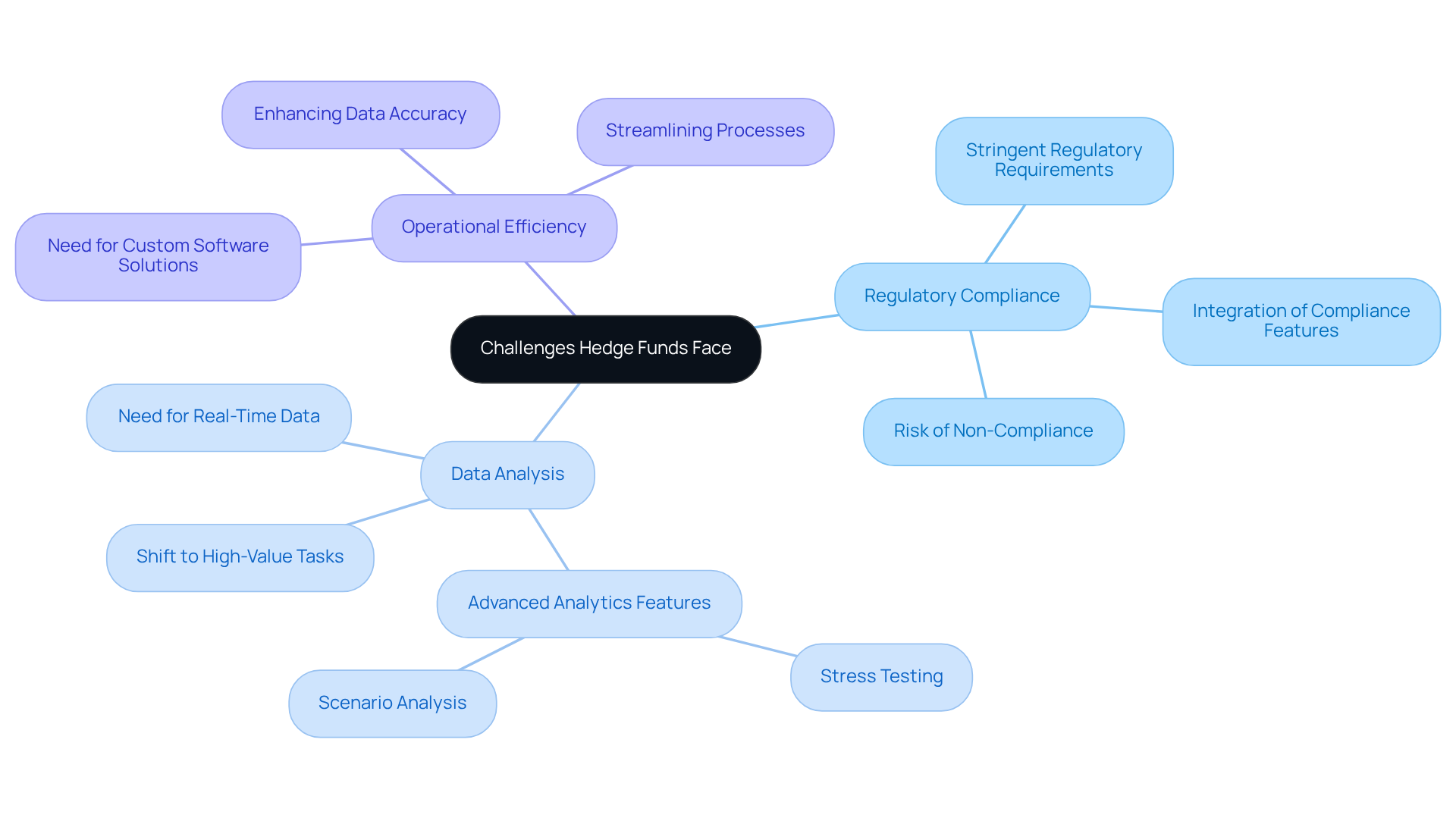 The central node represents the main topic, while the branches show specific challenges and how custom software helps tackle them. Each color-coded branch makes it easy to see the connections between challenges and their solutions.