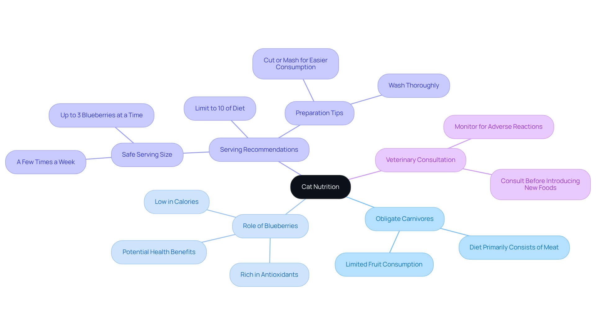 Start with the main concept of cat nutrition at the center, and explore how blueberries fit into their diet. Follow the branches to see details about how much fruit is appropriate and the importance of consulting your vet. Start with the main concept of cat nutrition at the center, and explore how blueberries fit into their diet. Follow the branches to see details about how much fruit is appropriate and the importance of consulting your vet.