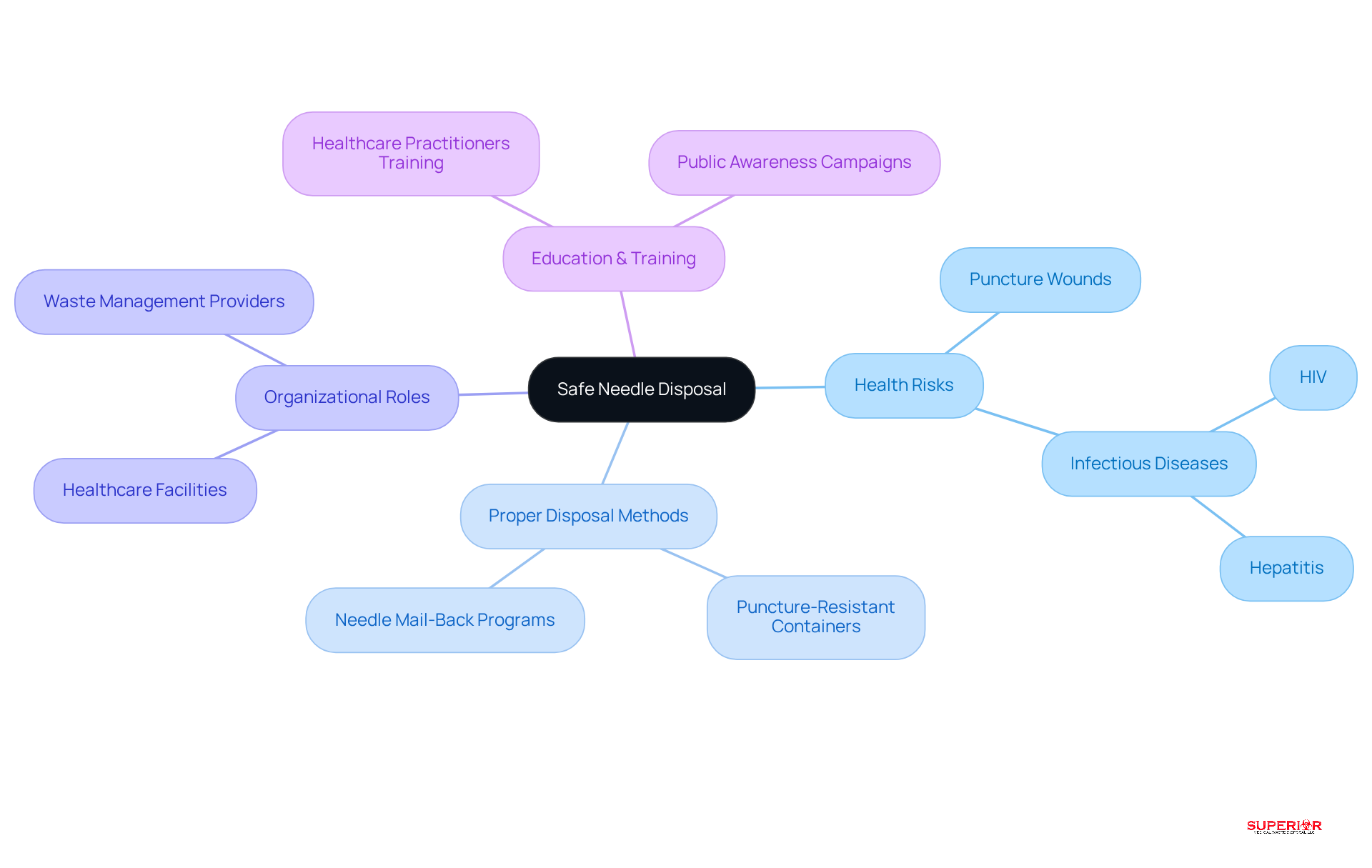 The central node represents the main topic, while the branches show related areas of concern and action. Each color-coded branch helps you see how different aspects of safe needle disposal connect to the overall goal of protecting public health.