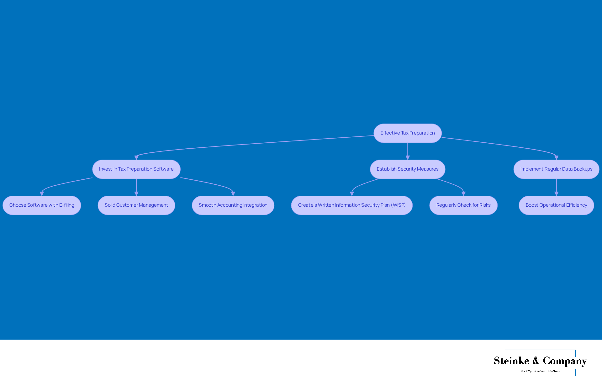 Each box represents a step or area in the tax preparation process. Follow the arrows to see how to implement tools and systems to enhance your business's efficiency and security. Each box represents a step or area in the tax preparation process. Follow the arrows to see how to implement tools and systems to enhance your business's efficiency and security.