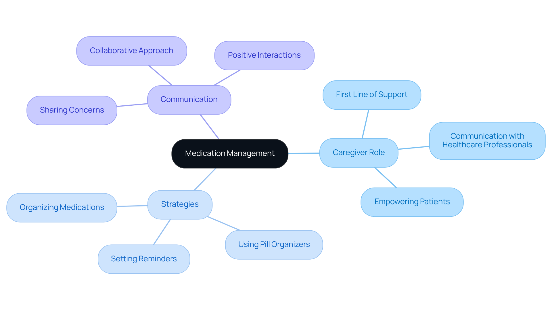 The center represents the main theme of medication management, while the branches illustrate the caregiver's role and specific strategies to support seniors. Each color-coded branch helps you quickly identify different aspects of the care process.