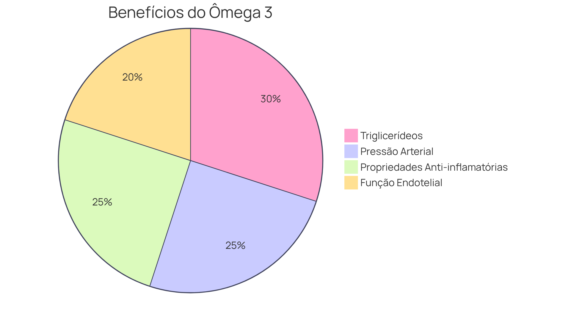 Cada fatia representa um benefício do ômega 3. Quanto maior a fatia, mais importante é o benefício para a saúde do coração. Juntos, eles mostram como o ômega 3 pode ajudar a manter seu coração forte e saudável.