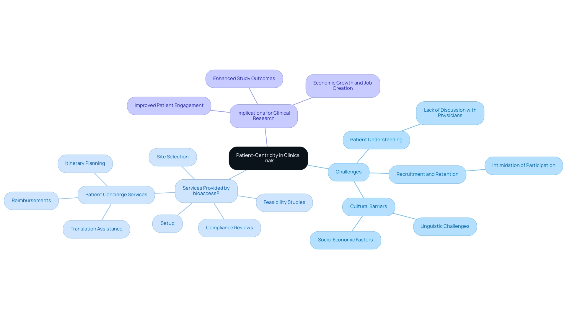 Each branch represents a key area related to patient-centricity, with colors indicating different themes: challenges, services, and implications.