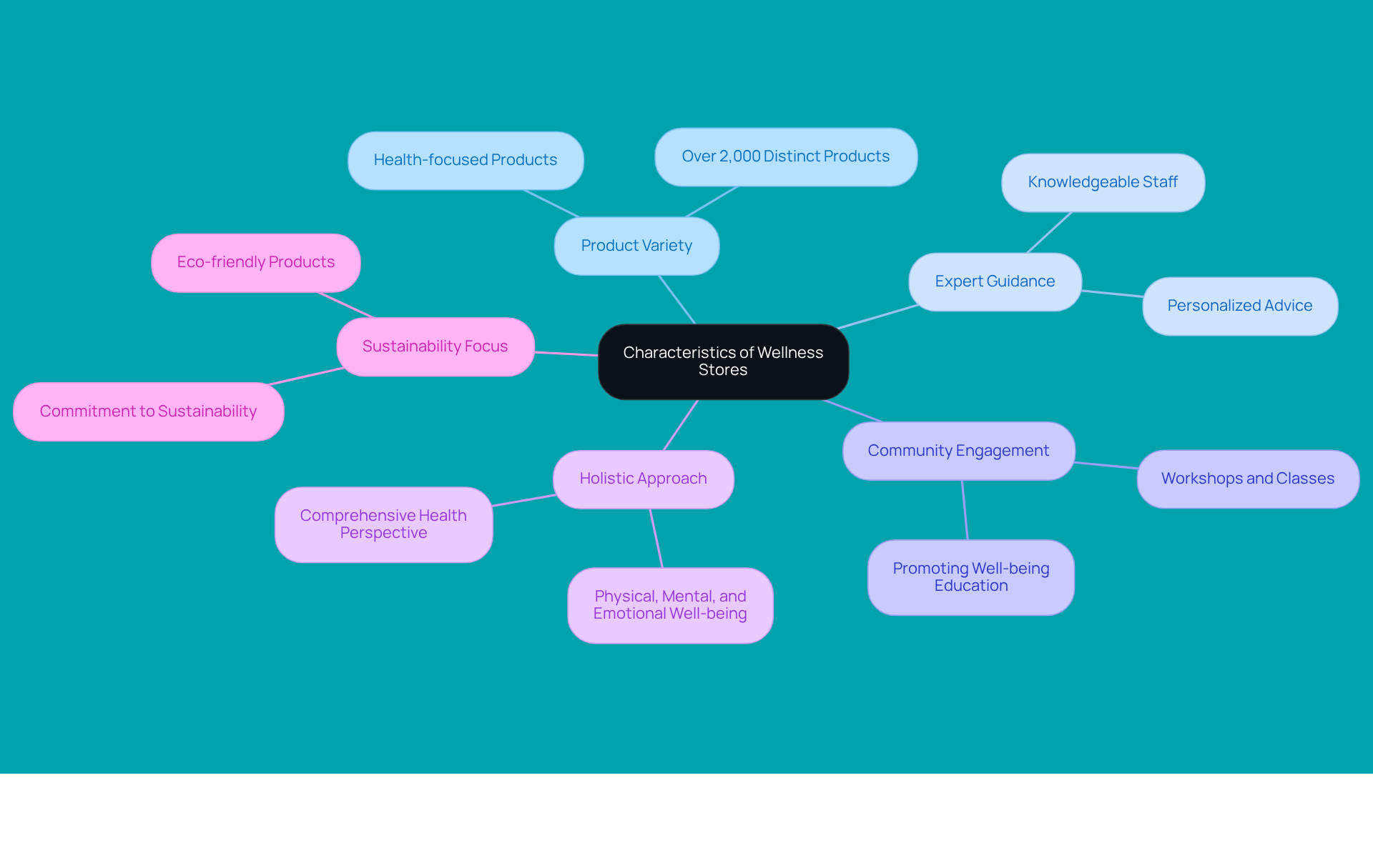 The central node represents wellness stores, and each branch outlines a key characteristic. Explore each feature to see how they contribute to the overall wellness experience.