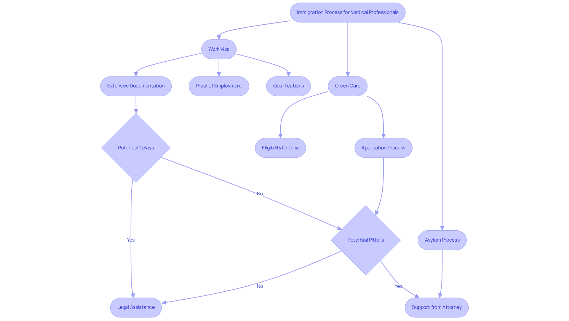 This flowchart outlines the steps involved in the immigration process for medical professionals. Each pathway shows what you need to consider and the requirements to fulfill. Follow the arrows to see how to navigate through each option.