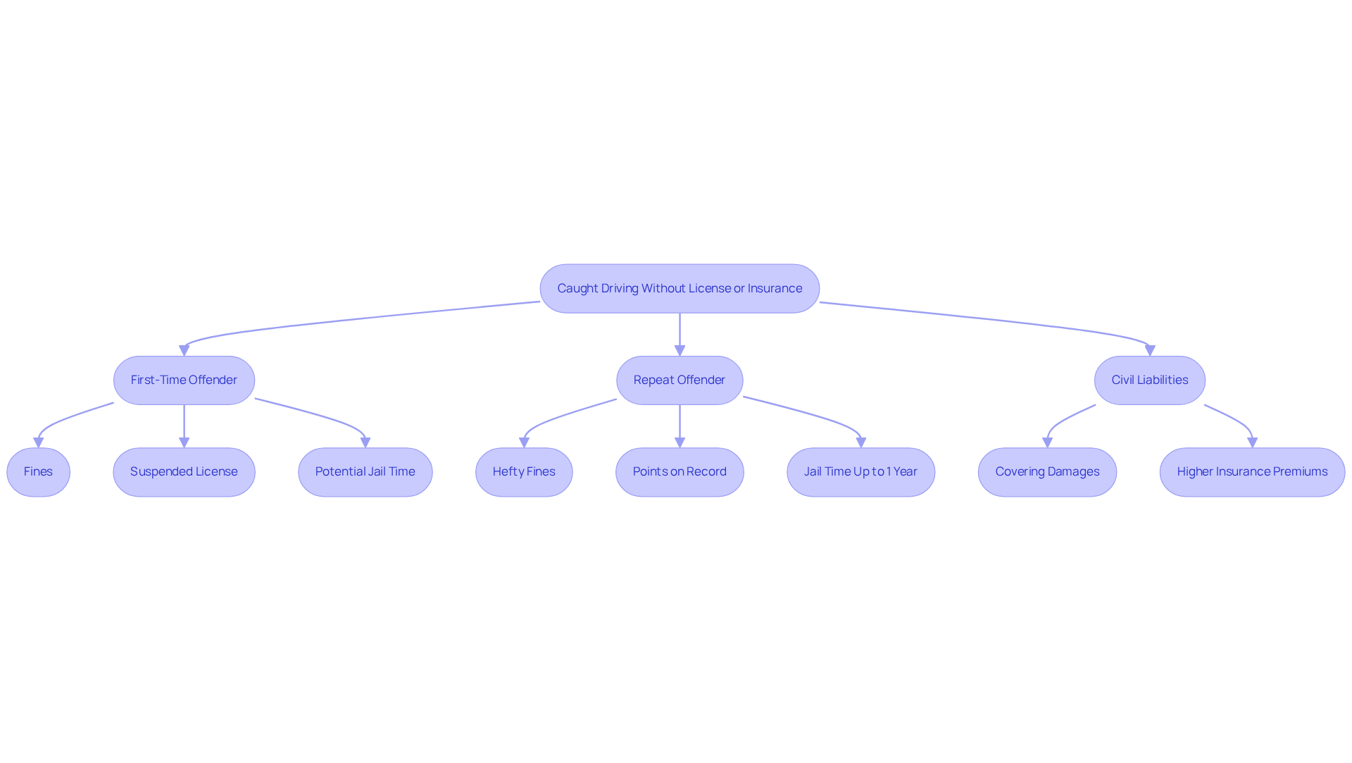 This flowchart shows what happens if you're caught driving without a license or insurance. Follow the arrows to see the different consequences based on whether it's your first offense or a repeat violation. The side branch highlights the civil liabilities you might face.