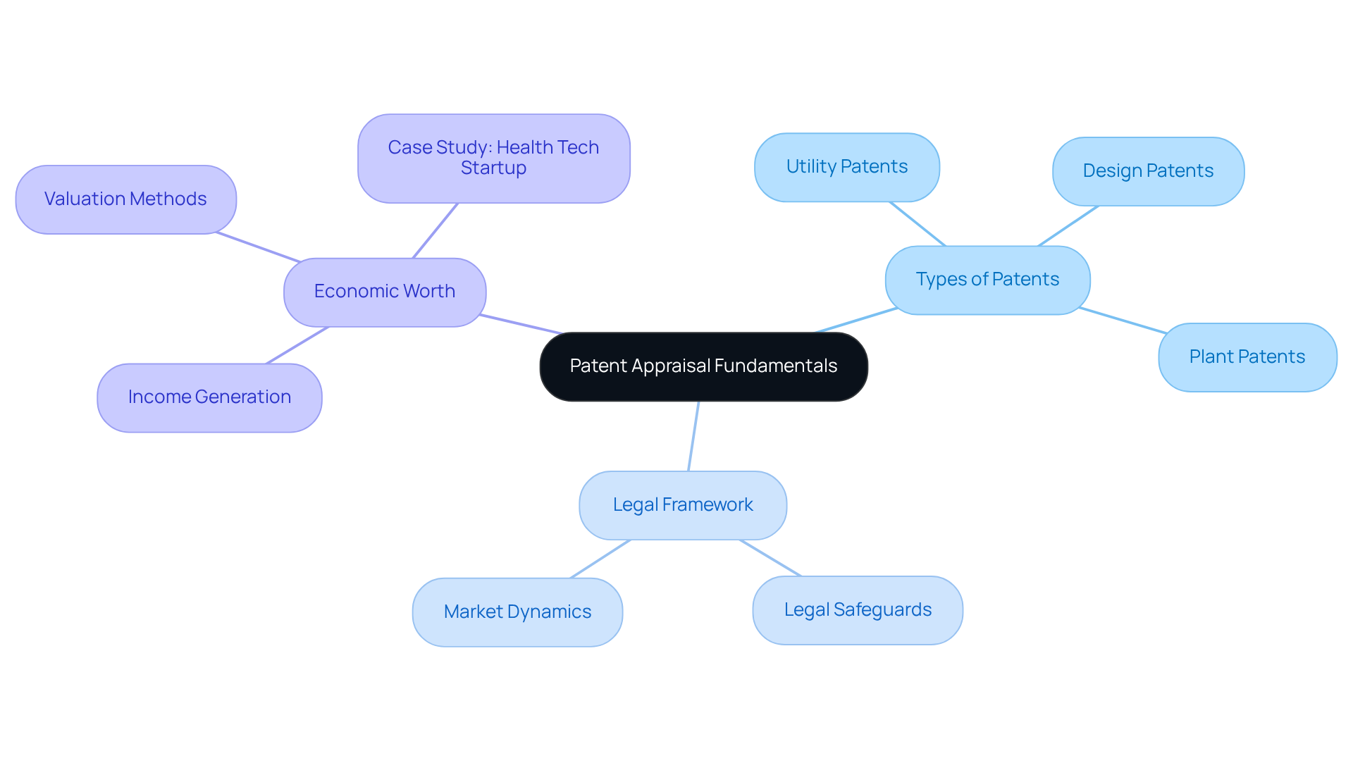 The central node represents the main topic of patent appraisal. Each branch represents a key concept, and the sub-branches provide more detailed information. This structure helps you see how different aspects of patent appraisal are connected and why they matter.