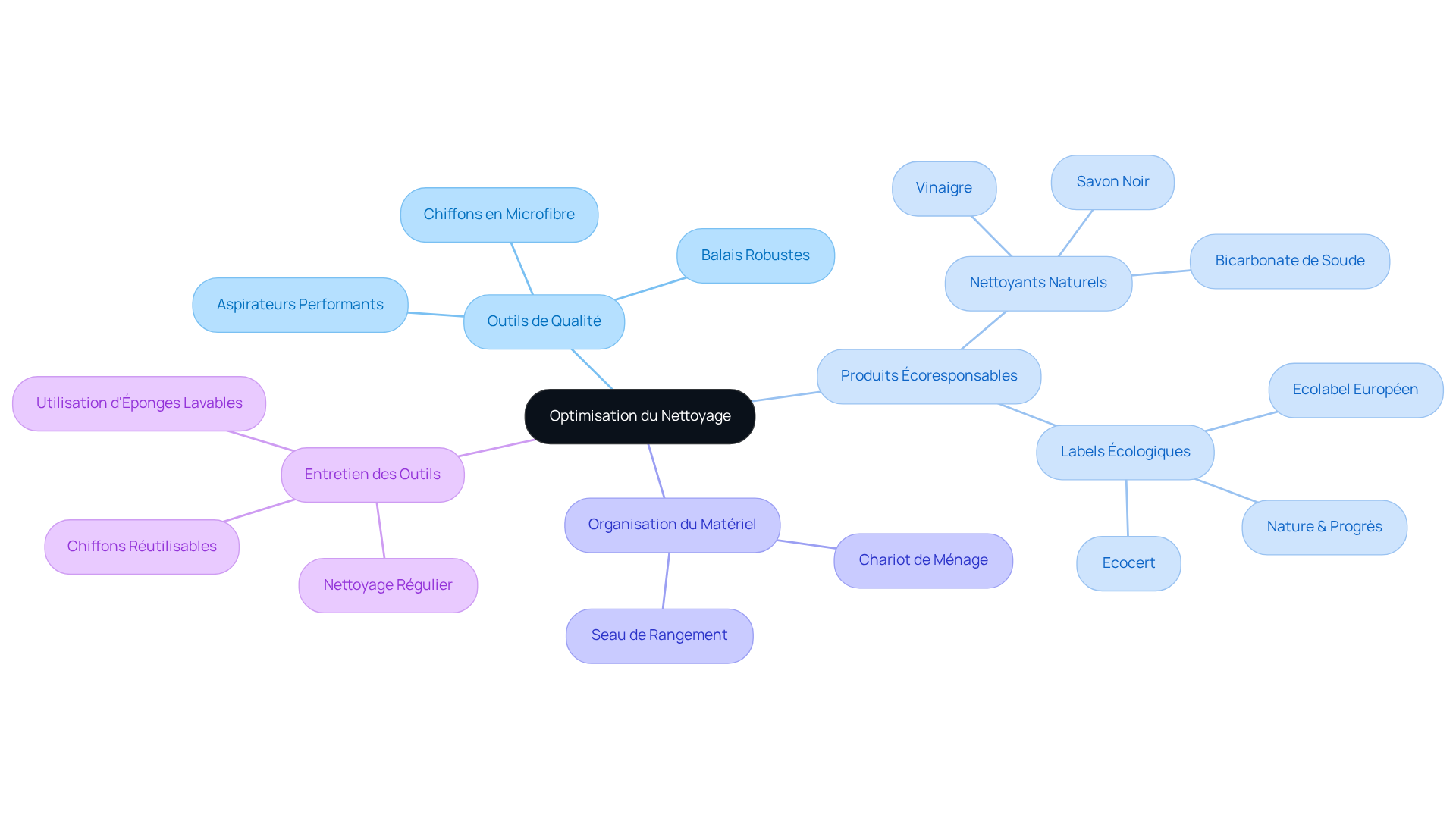 Le centre représente l'optimisation du nettoyage, et chaque branche montre un conseil pratique. Suivez les sous-branches pour découvrir des détails et des exemples qui vous aideront à faire des choix éclairés pour un ménage respectueux de l'environnement.
