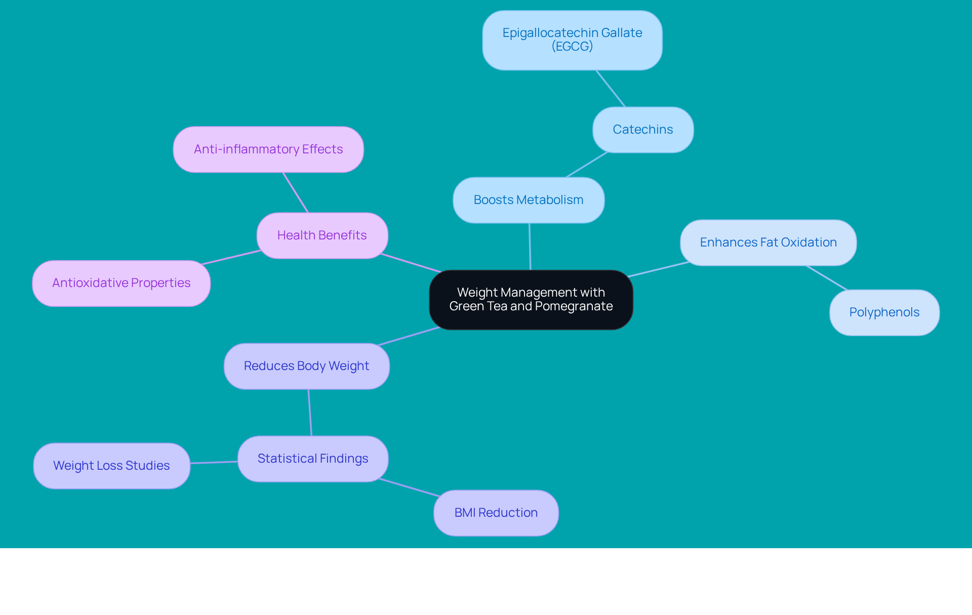 The central idea is about using green tea and pomegranate for weight management. Each branch shows a specific benefit, and the sub-branches provide more details about how these benefits work.