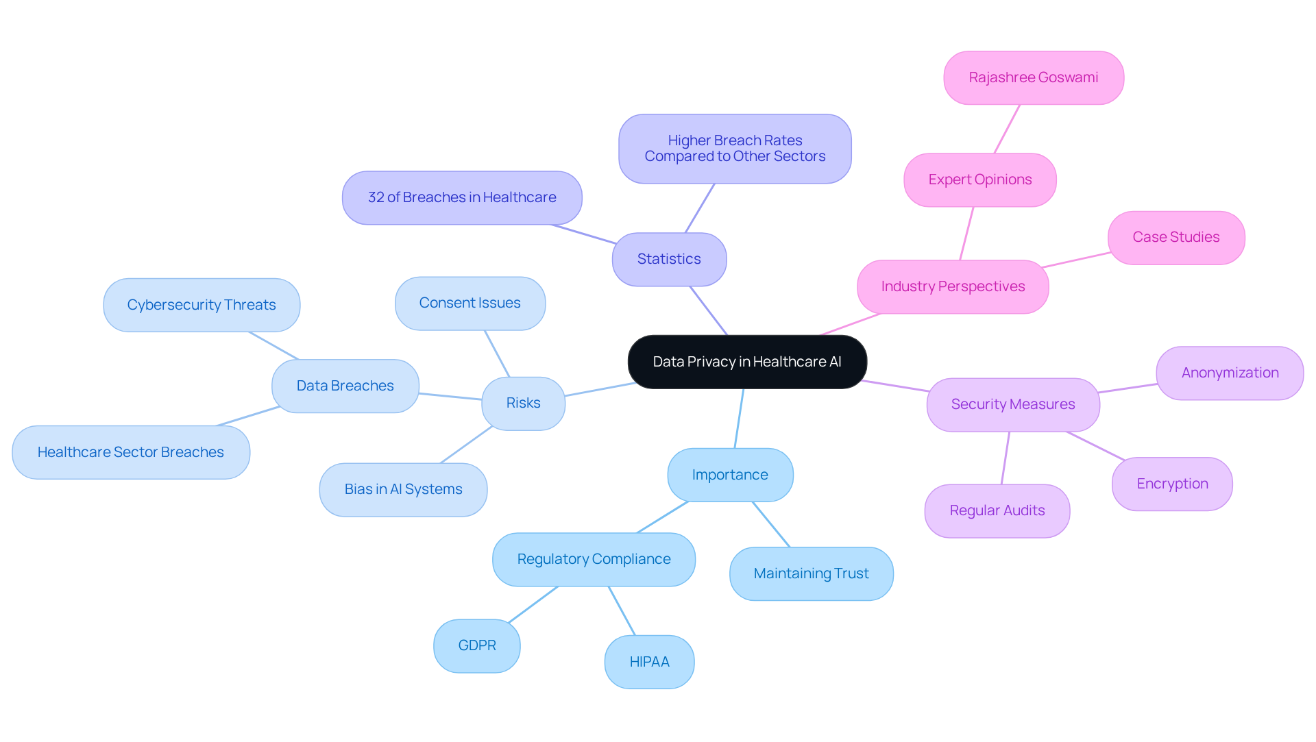 The central node represents the main topic, while branches show related aspects like risks and measures. Each color-coded branch helps you navigate through the different components of data privacy in healthcare AI.
