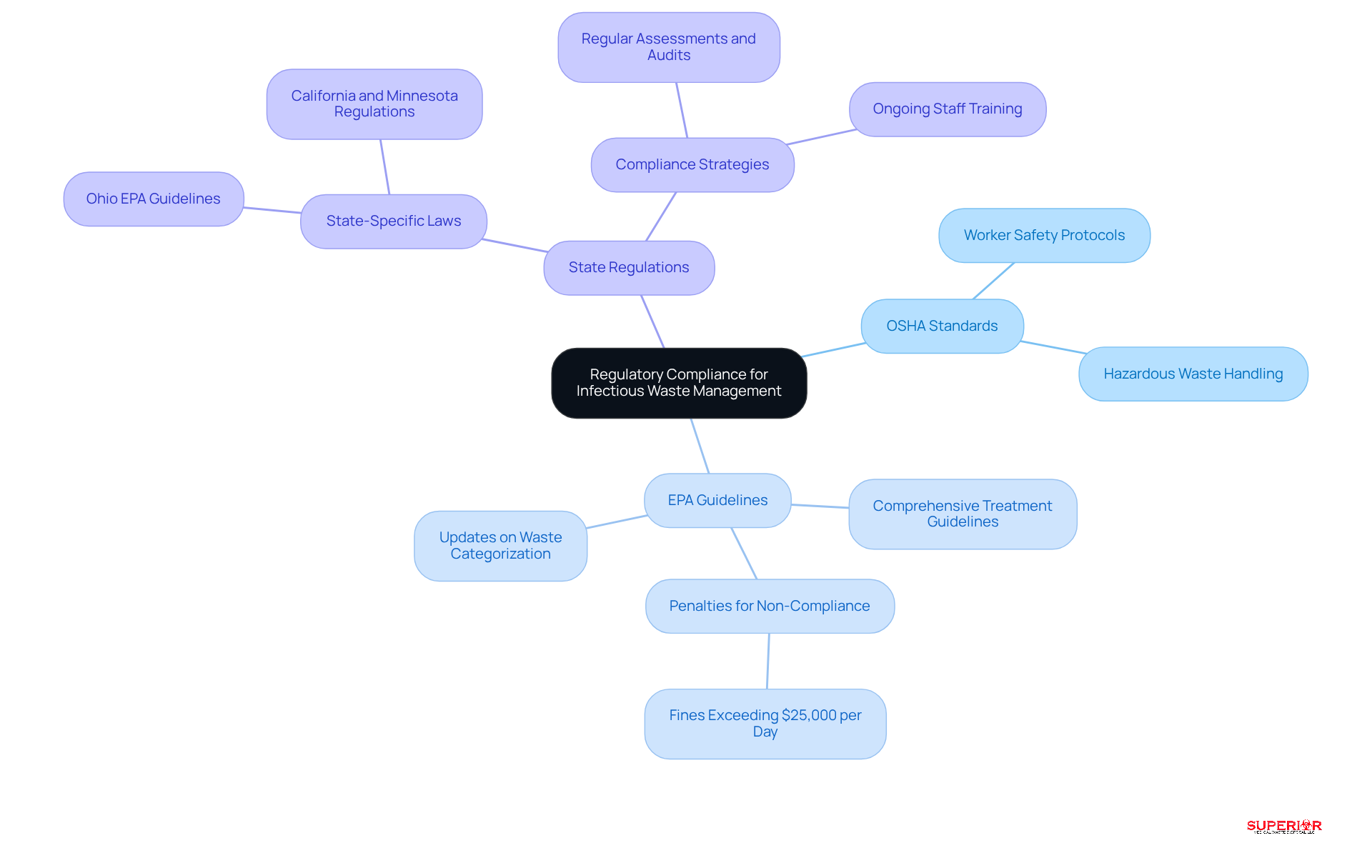 The central node represents the main topic, while the branches show different regulatory bodies and their specific requirements. Each color-coded branch helps you quickly identify the source of the regulations and their implications for healthcare facilities.