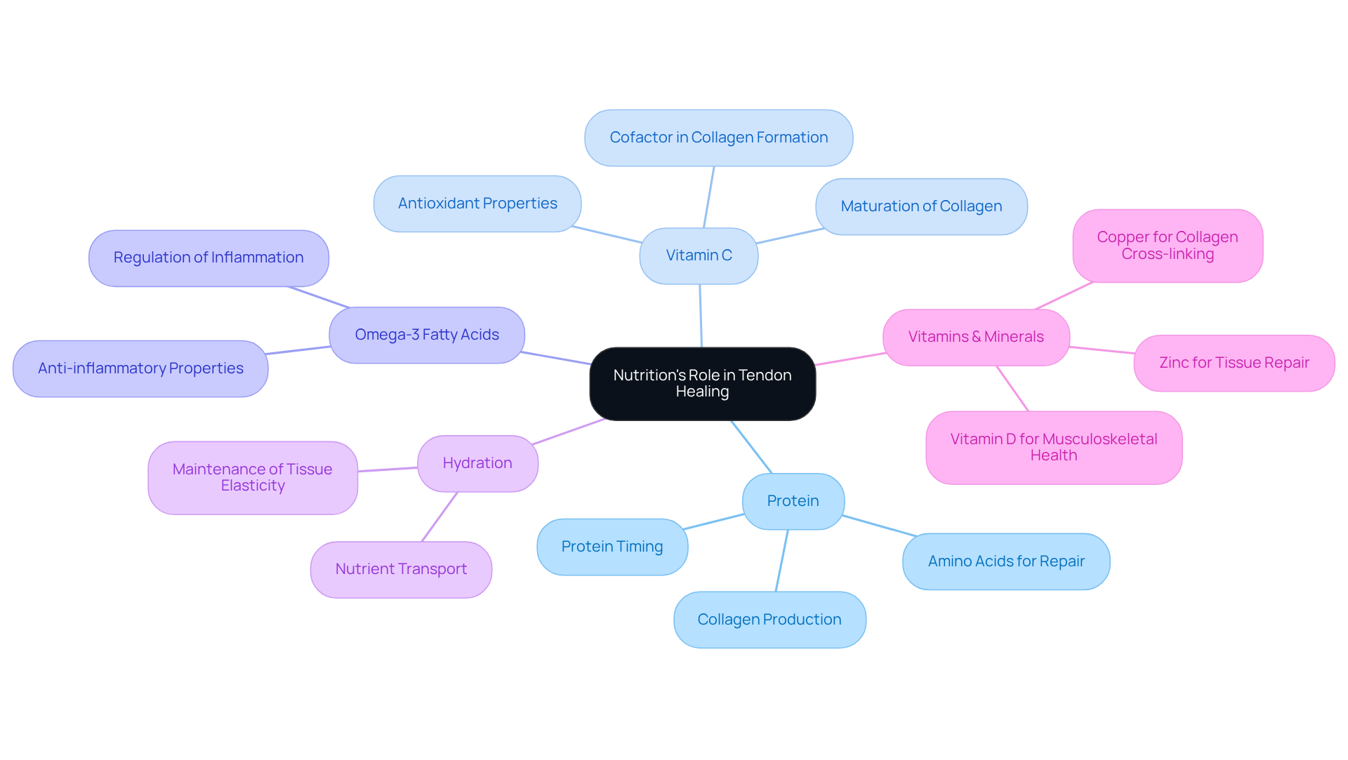 This mindmap illustrates how different nutrients contribute to tendon healing. Each branch represents a nutrient, and the sub-branches explain their specific benefits. Follow the connections to understand how a nutrient-rich diet can support your recovery and overall health.