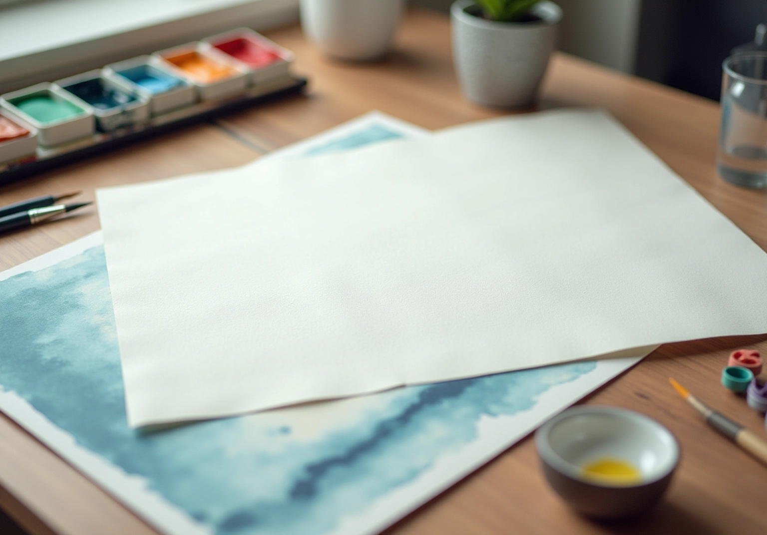 Thick Watercolor Paper in an Artist's Workspace Thick Watercolor Paper in an Artist's Workspace
