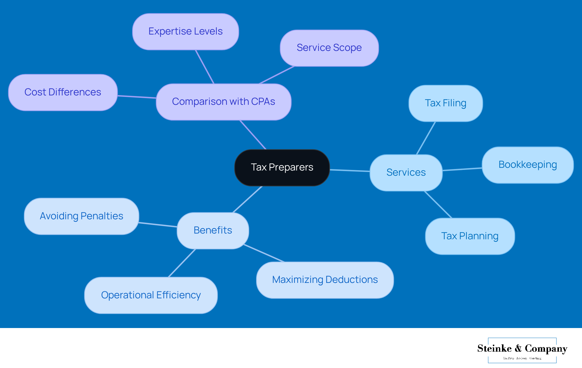 The central node shows the main concept of tax preparers. Follow the branches to explore their various services, the benefits they provide to small businesses, and how they compare to CPAs.