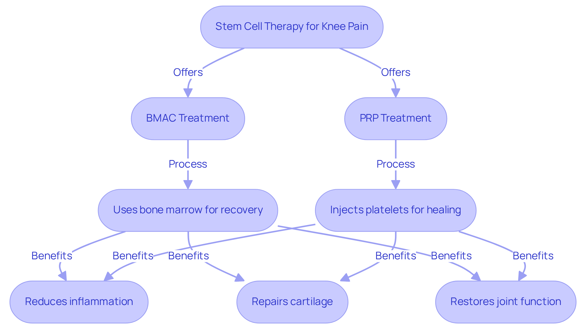 This flowchart shows how stem cell therapy works for knee pain. Start at the top with the main therapy, then follow the arrows to see the two types of treatments and what they do to help you heal. This flowchart shows how stem cell therapy works for knee pain. Start at the top with the main therapy, then follow the arrows to see the two types of treatments and what they do to help you heal.