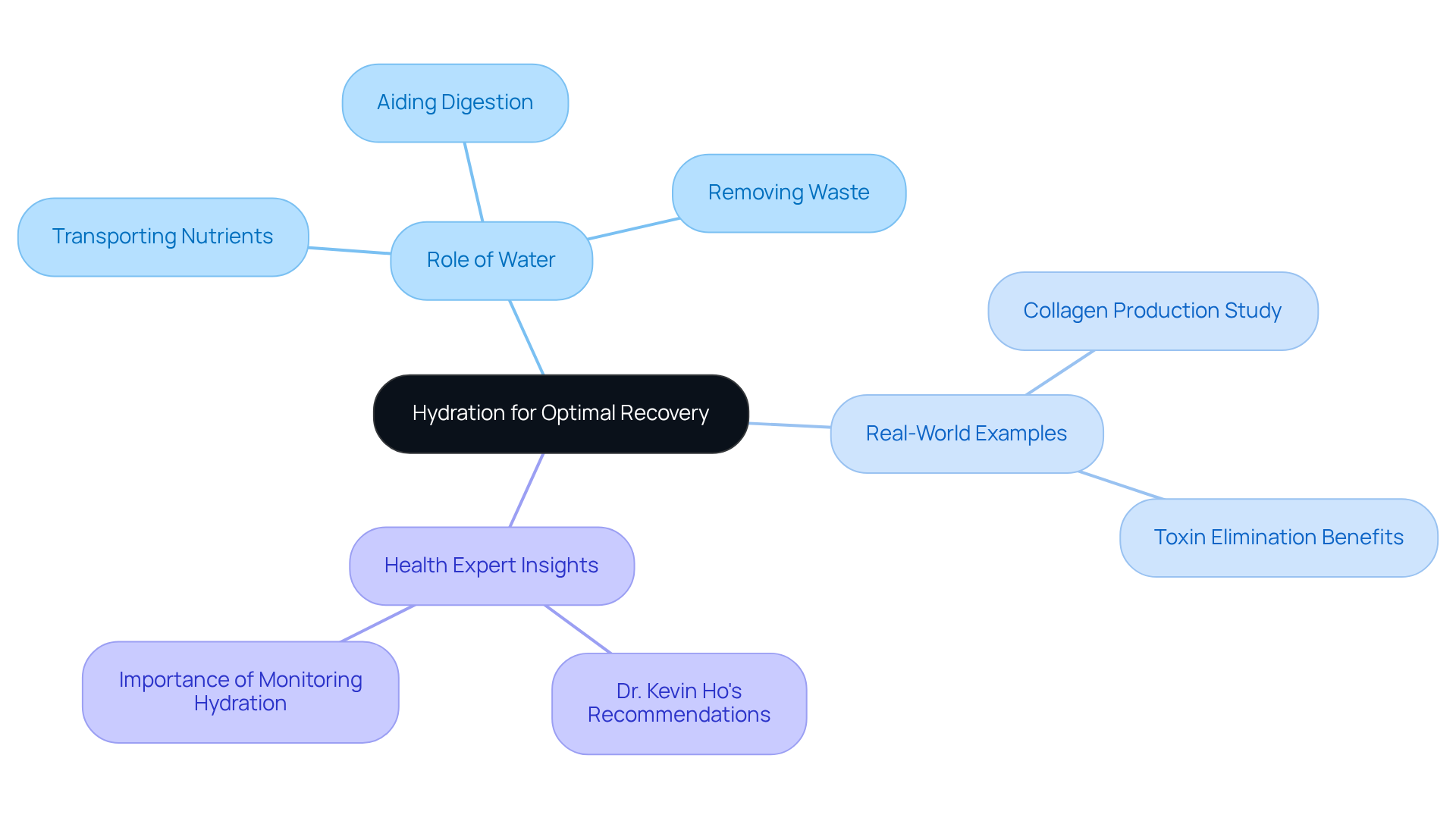 The central idea is hydration, with branches showing its role, real-world evidence, and expert opinions. Each branch expands on how hydration impacts recovery, making it easier to understand the importance at a glance. The central idea is hydration, with branches showing its role, real-world evidence, and expert opinions. Each branch expands on how hydration impacts recovery, making it easier to understand the importance at a glance.