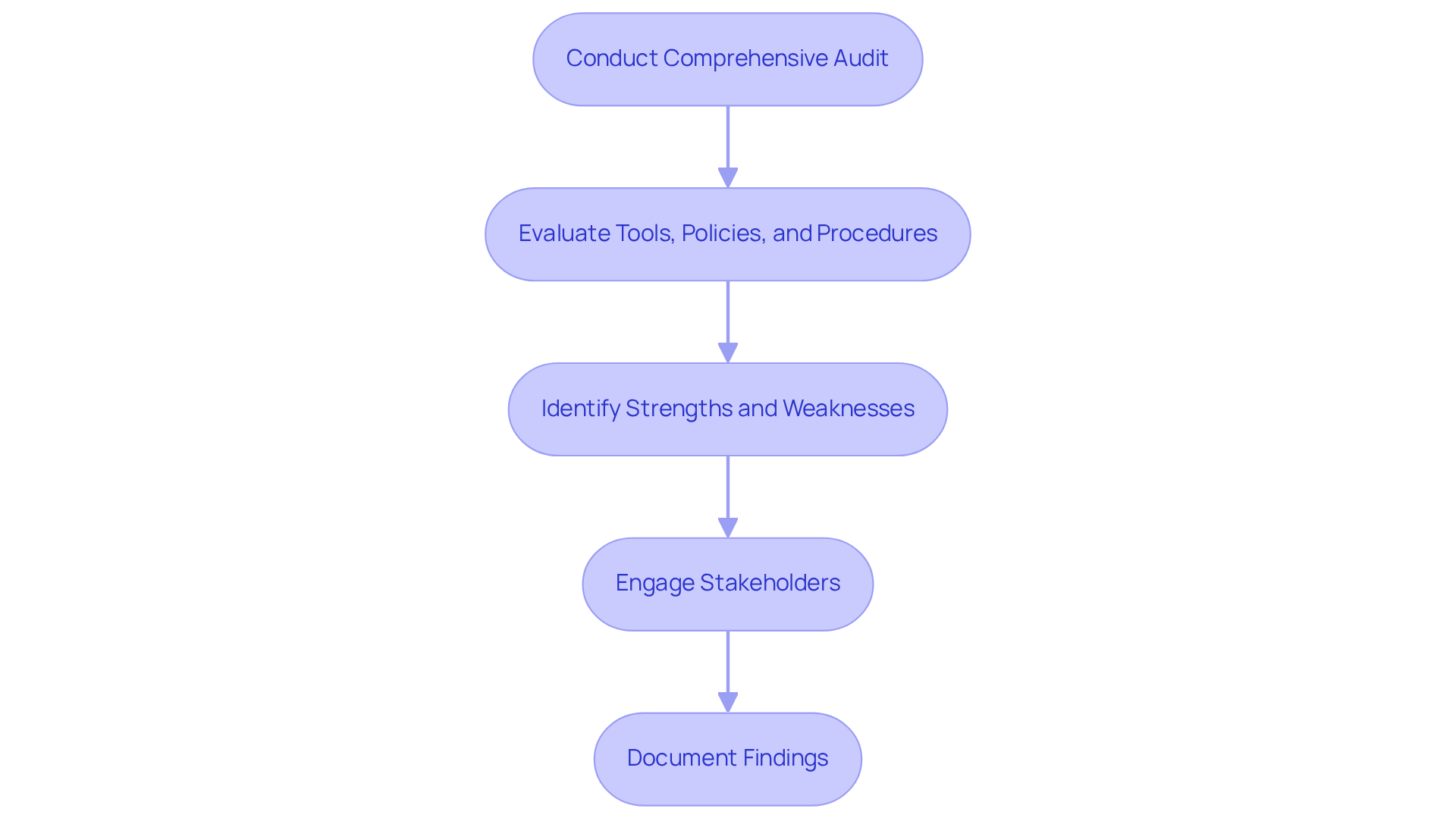 Each box represents a step in the assessment process. Follow the arrows to see how each action leads to the next, helping you understand the overall flow of the cybersecurity audit.