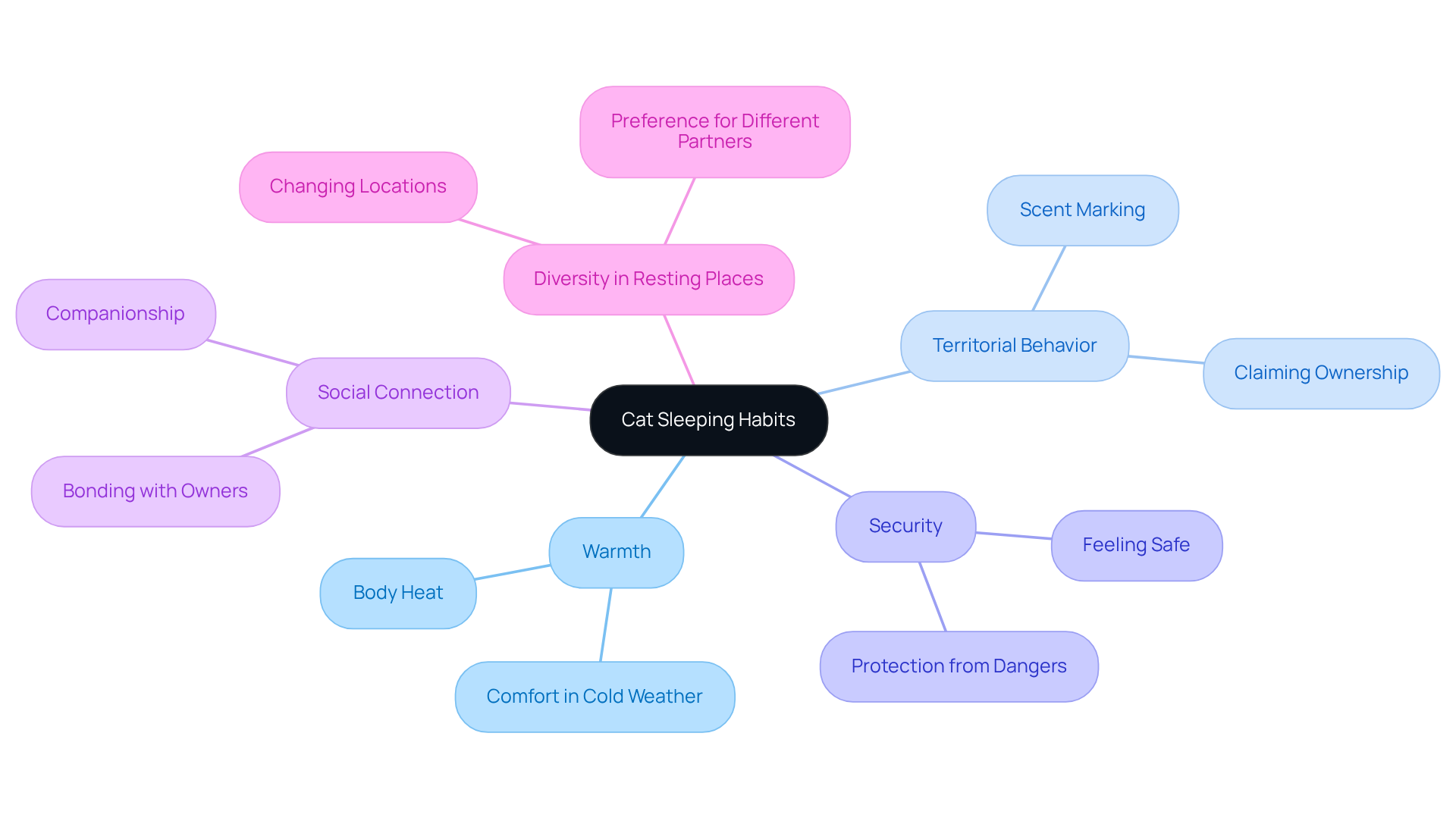 The central idea is the cat's sleeping habits, with branches representing different motivations. Each sub-branch provides specific details, helping you understand why your cat chooses to sleep the way they do. The central idea is the cat's sleeping habits, with branches representing different motivations. Each sub-branch provides specific details, helping you understand why your cat chooses to sleep the way they do.