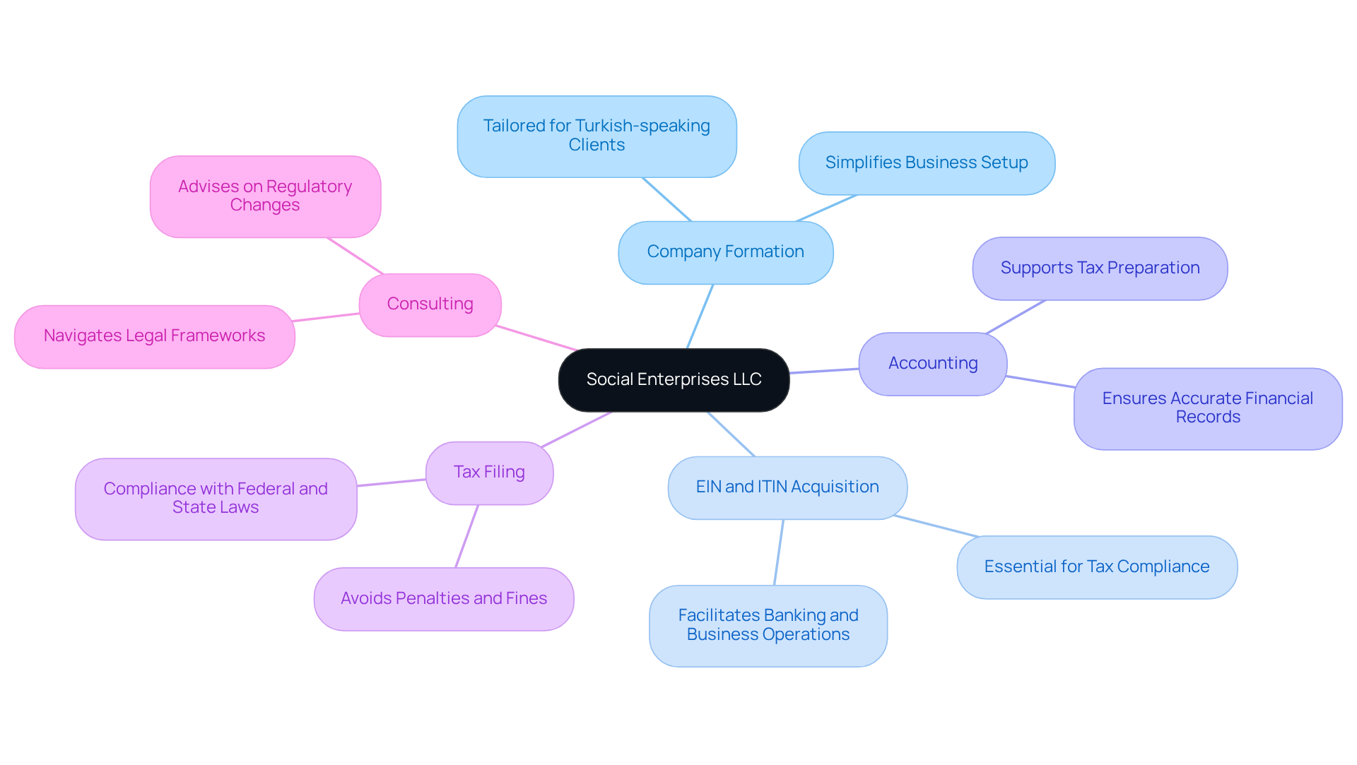 The central node represents Social Enterprises LLC, and each branch shows a specific service they provide. Follow the branches to understand how each service helps clients navigate the complexities of LLC formation. The central node represents Social Enterprises LLC, and each branch shows a specific service they provide. Follow the branches to understand how each service helps clients navigate the complexities of LLC formation.