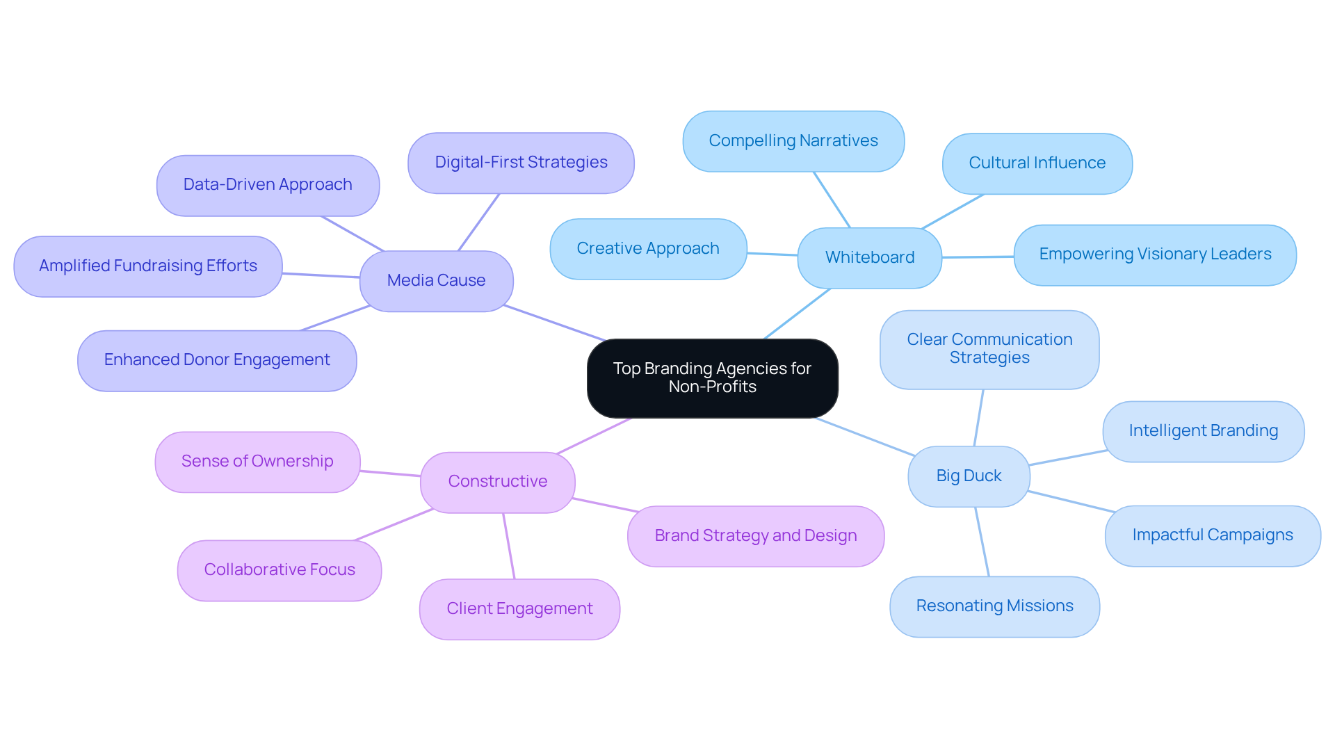The central node represents the overall theme of branding for non-profits, while each branch represents a different agency. The sub-branches detail what makes each agency unique, helping you understand their specific contributions to non-profit branding.