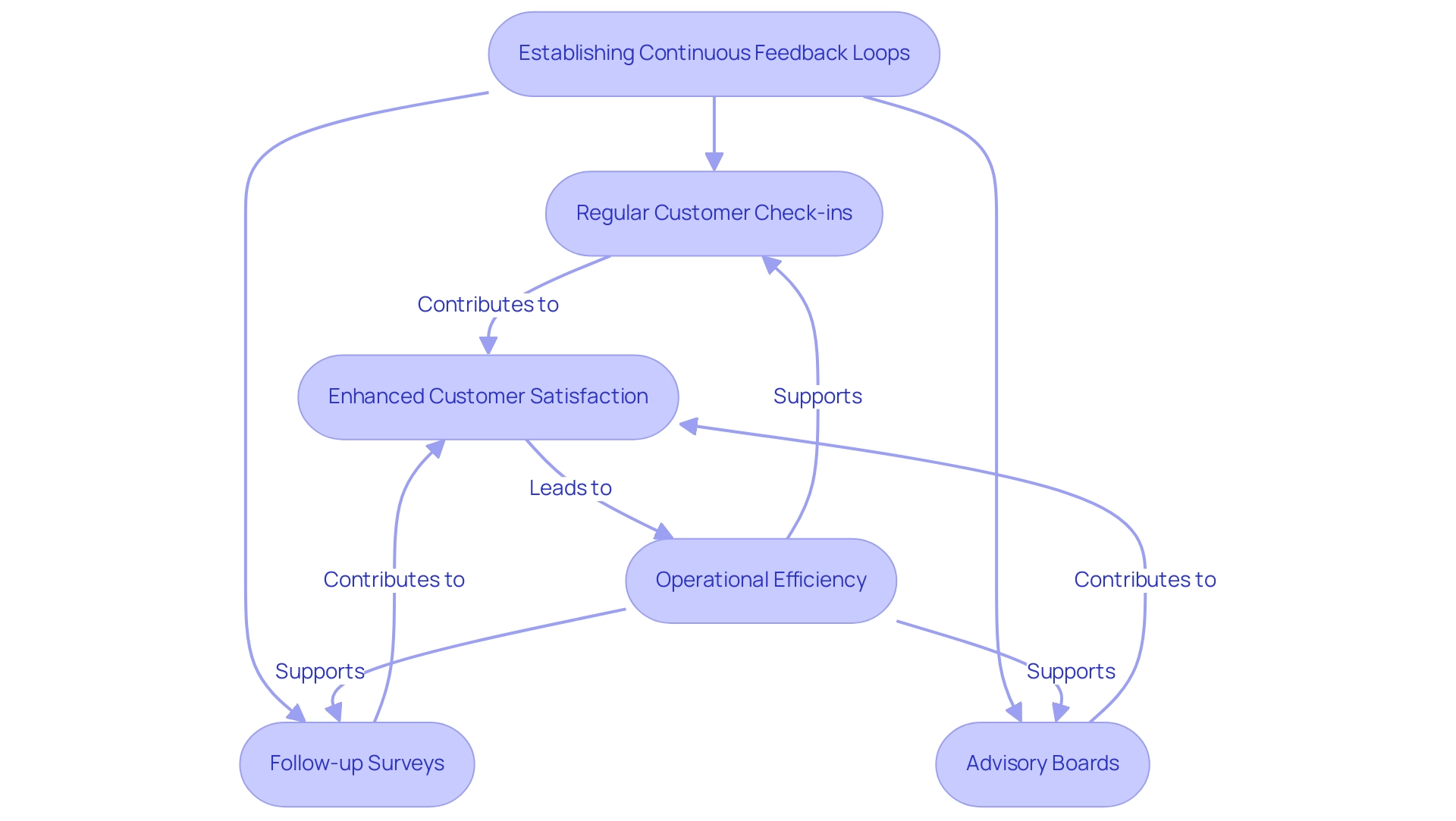 Each process (check-ins, surveys, advisory boards) is color-coded, showing how they connect to enhance customer satisfaction and operational efficiency.