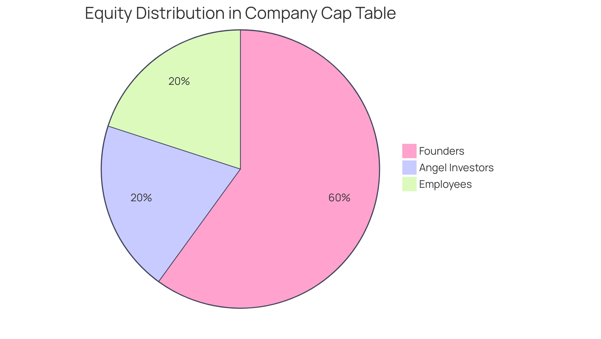 Each segment represents a stakeholder in the cap table: Founders (60%), Angel Investors (20%), and Employees (20%).