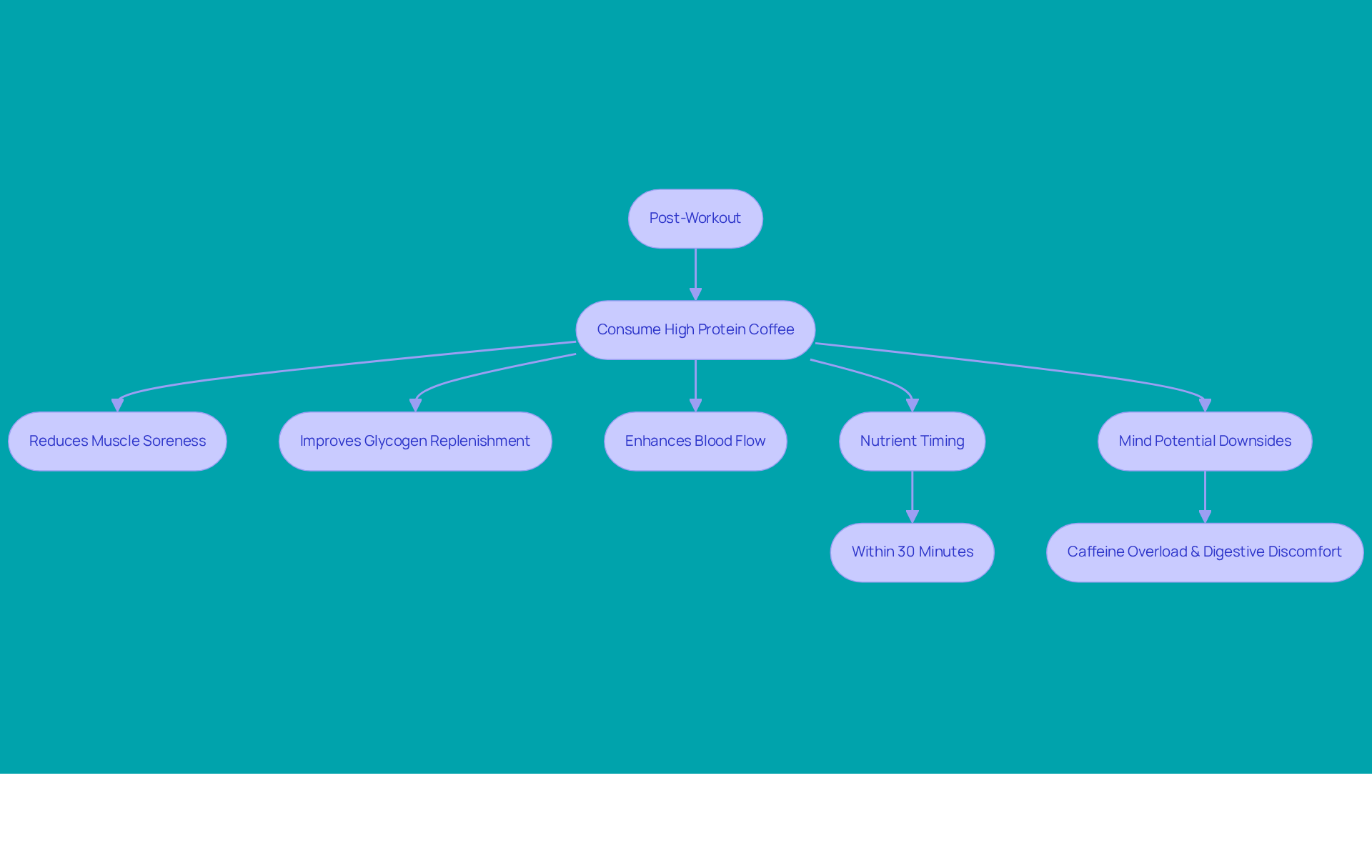 Follow the flow from post-workout through the consumption of high protein coffee, leading to various benefits for muscle recovery. The caution box highlights considerations to keep in mind.