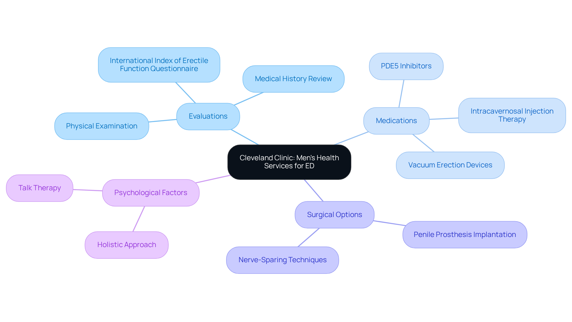 The central node represents the clinic's focus on men's health services for erectile dysfunction. Each branch shows a different aspect of their approach, helping you understand the range of options available.