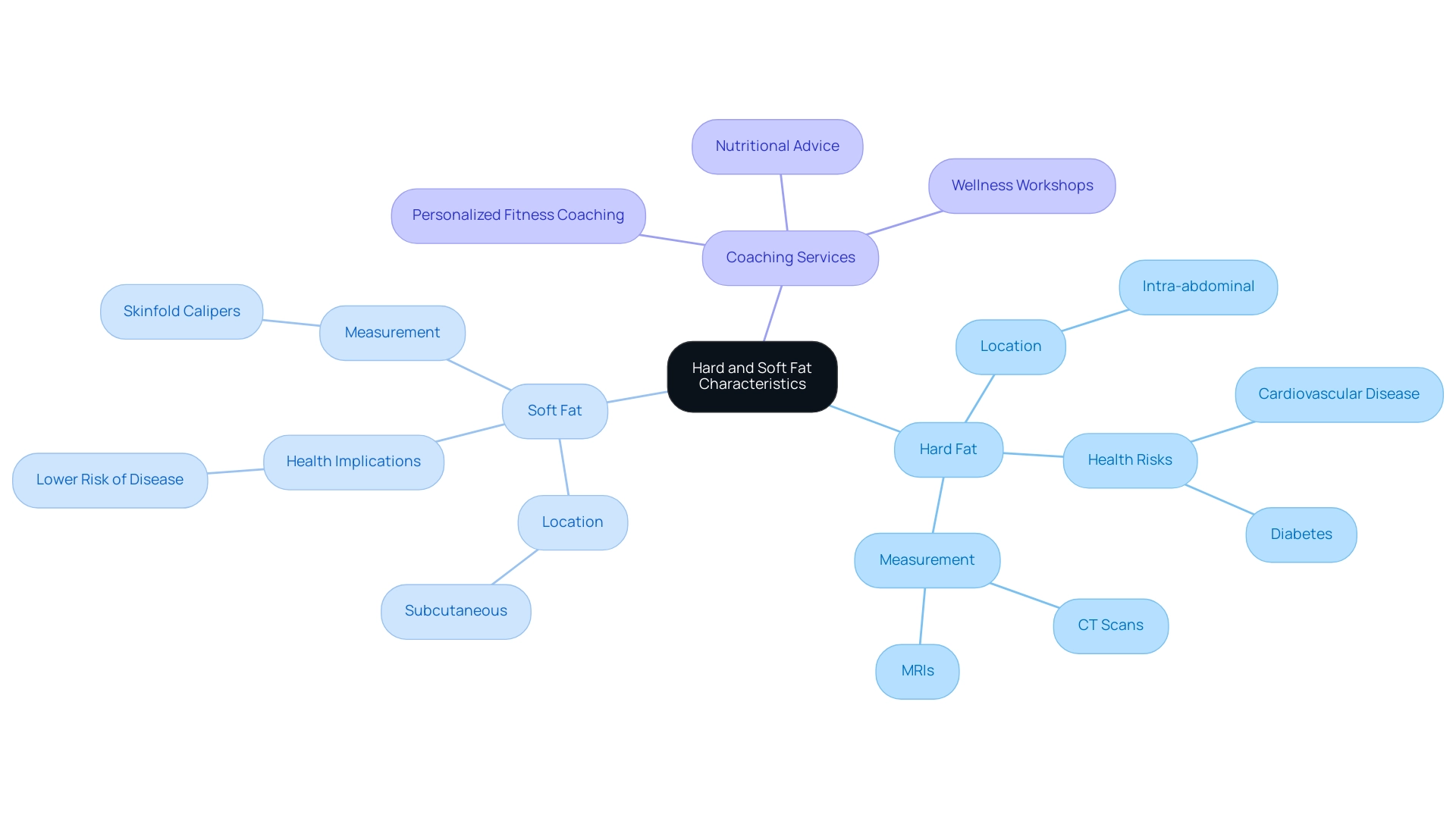 The central node represents the overall topic, with branches for hard and soft fat detailing their characteristics, implications, and related services.