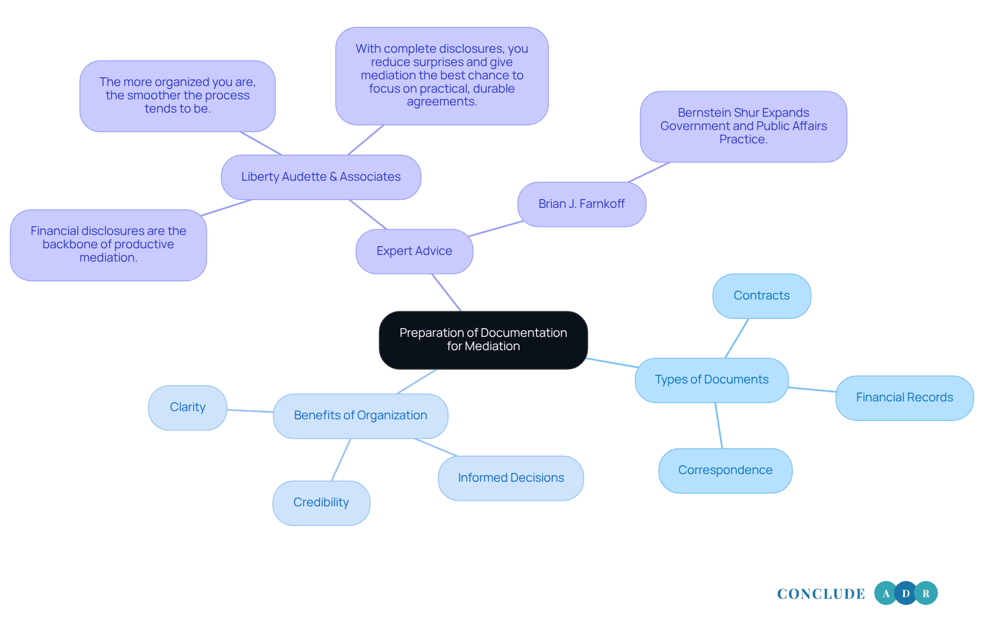 The center represents the main focus on documentation preparation, while the branches show different types of documents and their benefits, helping you visualize how each part contributes to successful mediation. The center represents the main focus on documentation preparation, while the branches show different types of documents and their benefits, helping you visualize how each part contributes to successful mediation.