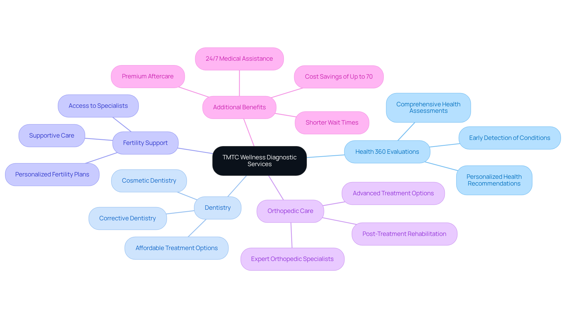 Start at the center with TMTC's services, then follow the branches to explore each category of care. Each color represents a different service area, making it easy to see how they connect and what benefits they offer.