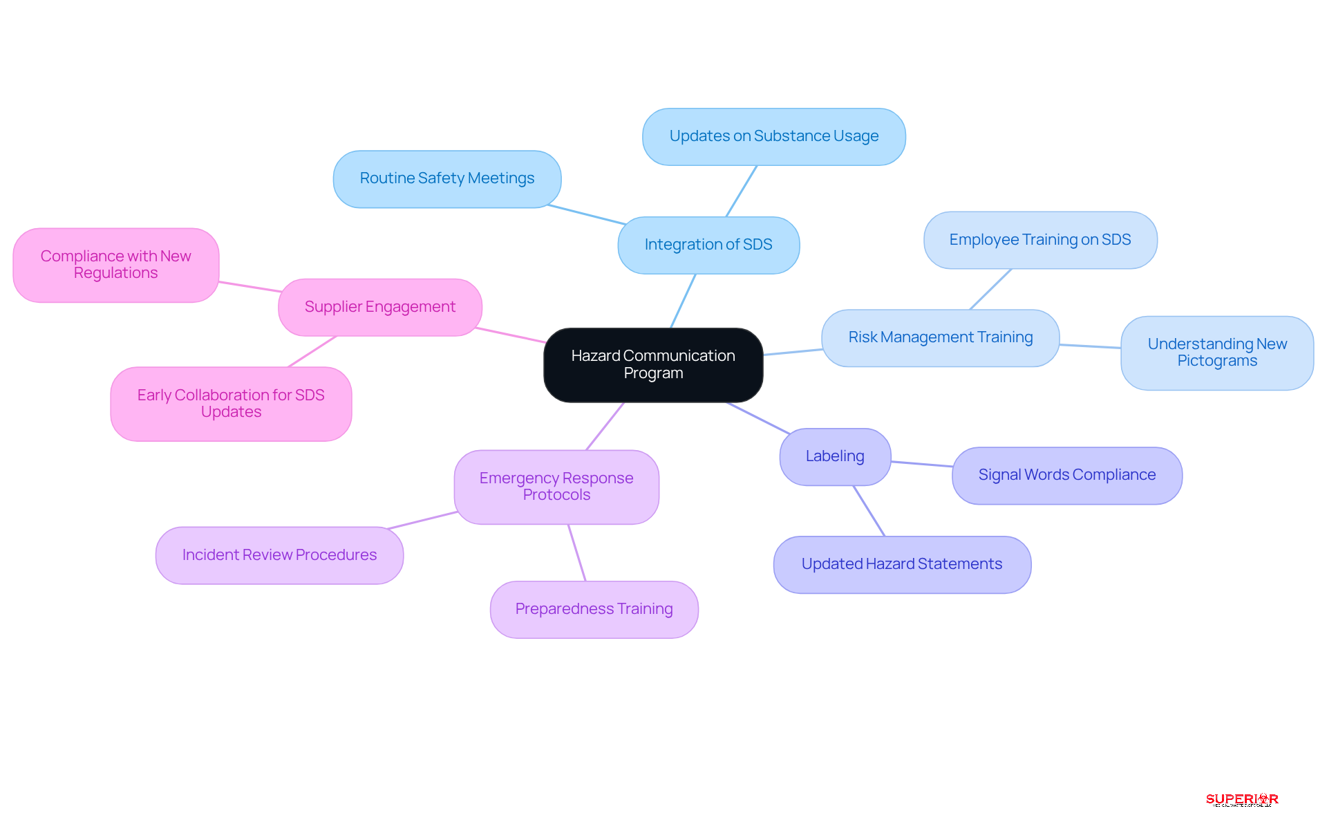 The central node represents the overall program, while the branches show the key components that work together to ensure safety. Each sub-branch provides specific actions or considerations related to that component, helping you understand how everything connects.