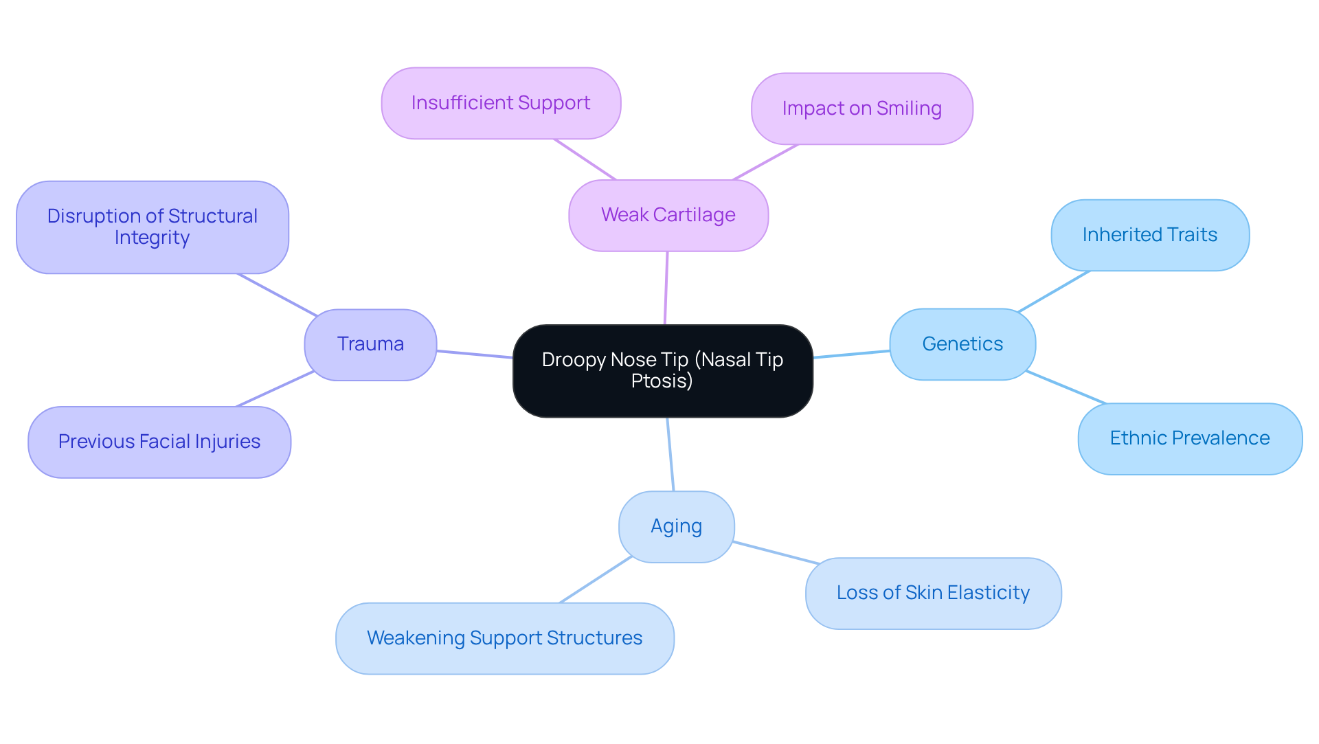 The center shows the main condition, and the branches represent the different causes. Each cause explains how it contributes to the droopy nose tip, helping you understand the factors at play. The center shows the main condition, and the branches represent the different causes. Each cause explains how it contributes to the droopy nose tip, helping you understand the factors at play.