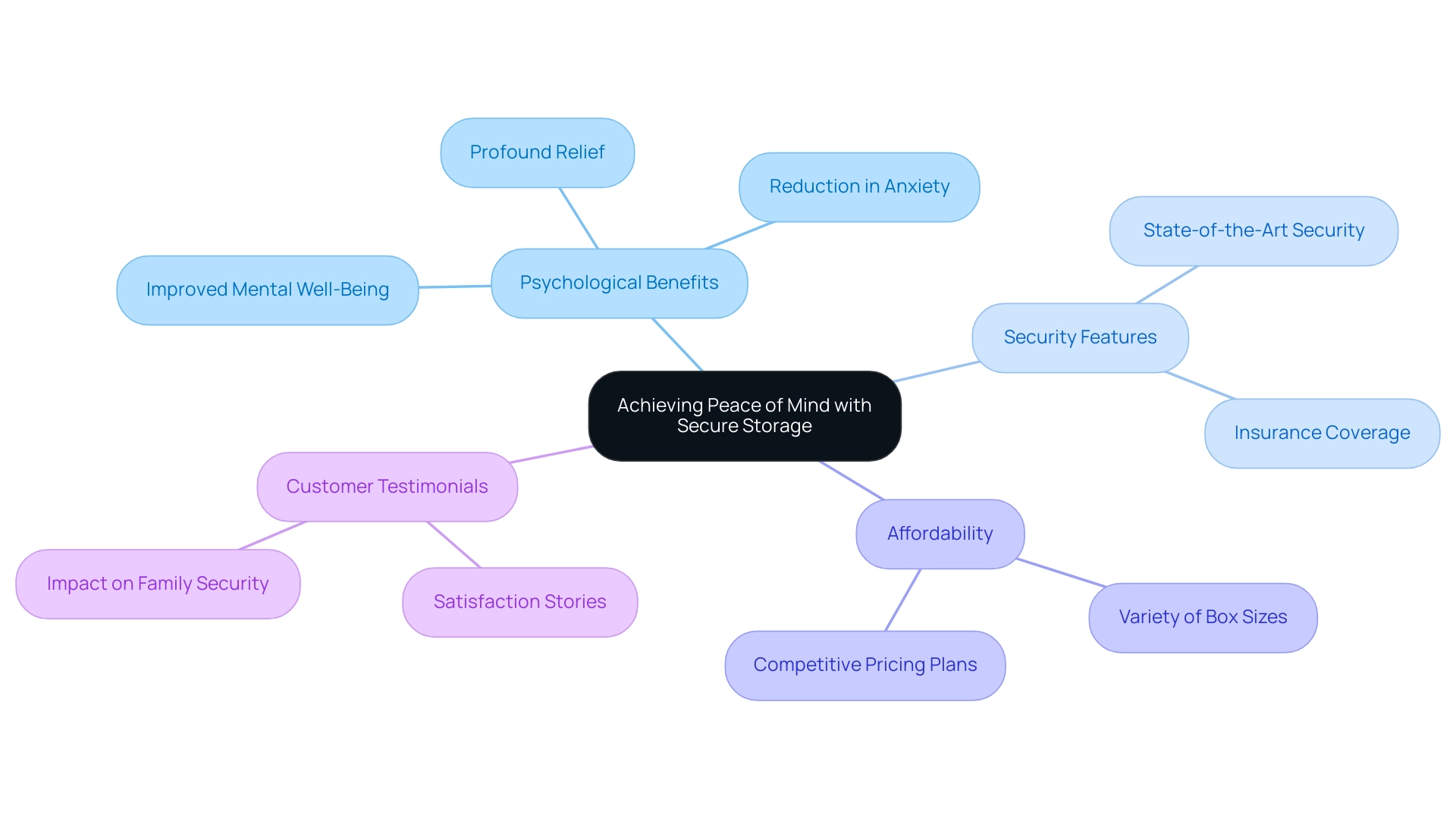 The central node represents secure storage, with branches illustrating psychological benefits, security features, affordability, and customer testimonials, each color-coded for easy identification.
