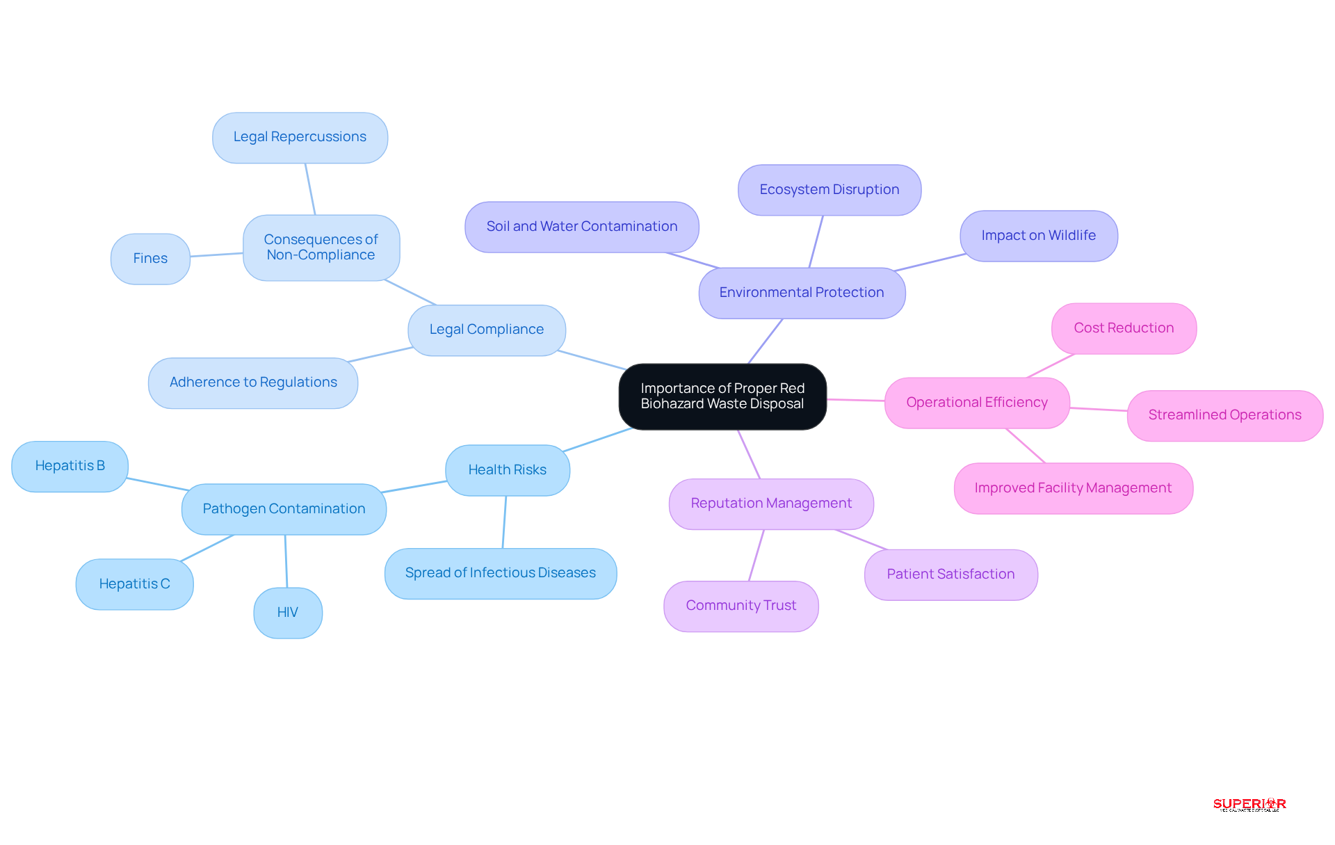 The central node represents the overall importance of proper disposal, while each branch highlights a specific reason. Follow the branches to explore how each reason contributes to the overall goal of safe and compliant waste management.