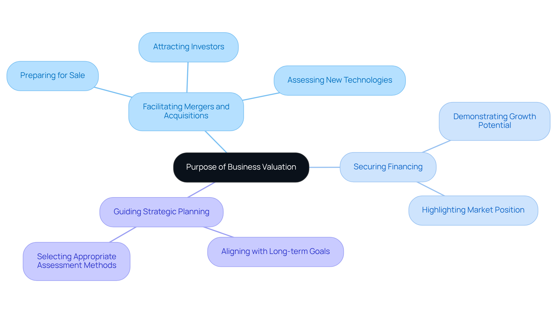 This mindmap illustrates the key reasons why business valuation is important for technology firms. Each branch represents a major function of valuation, and the sub-branches provide specific motivations or examples that influence how firms approach their assessments. Follow the branches to understand how different motivations can lead to different strategic decisions. This mindmap illustrates the key reasons why business valuation is important for technology firms. Each branch represents a major function of valuation, and the sub-branches provide specific motivations or examples that influence how firms approach their assessments. Follow the branches to understand how different motivations can lead to different strategic decisions.