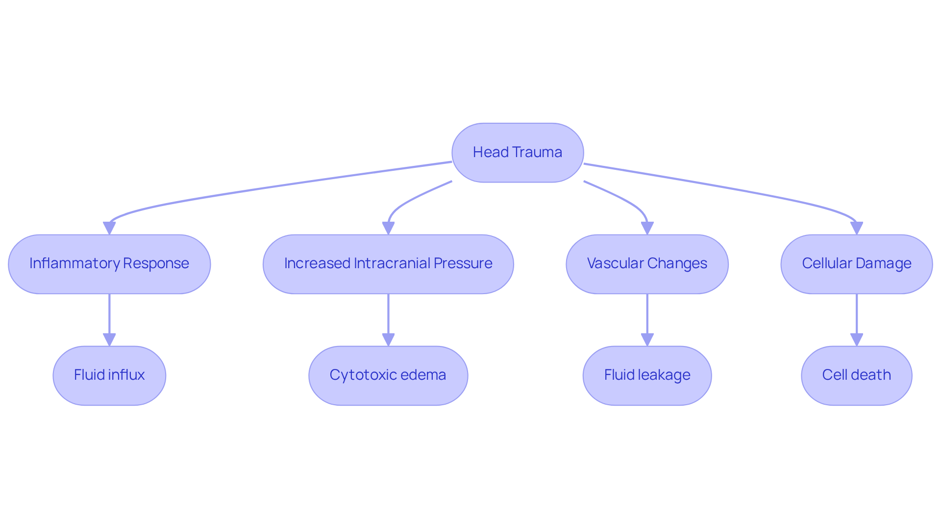 This flowchart illustrates how head trauma leads to swelling through various mechanisms. Each box represents a key process, and the arrows show how they are connected. Understanding these connections can help in recognizing the seriousness of the injury and the need for timely medical intervention.
