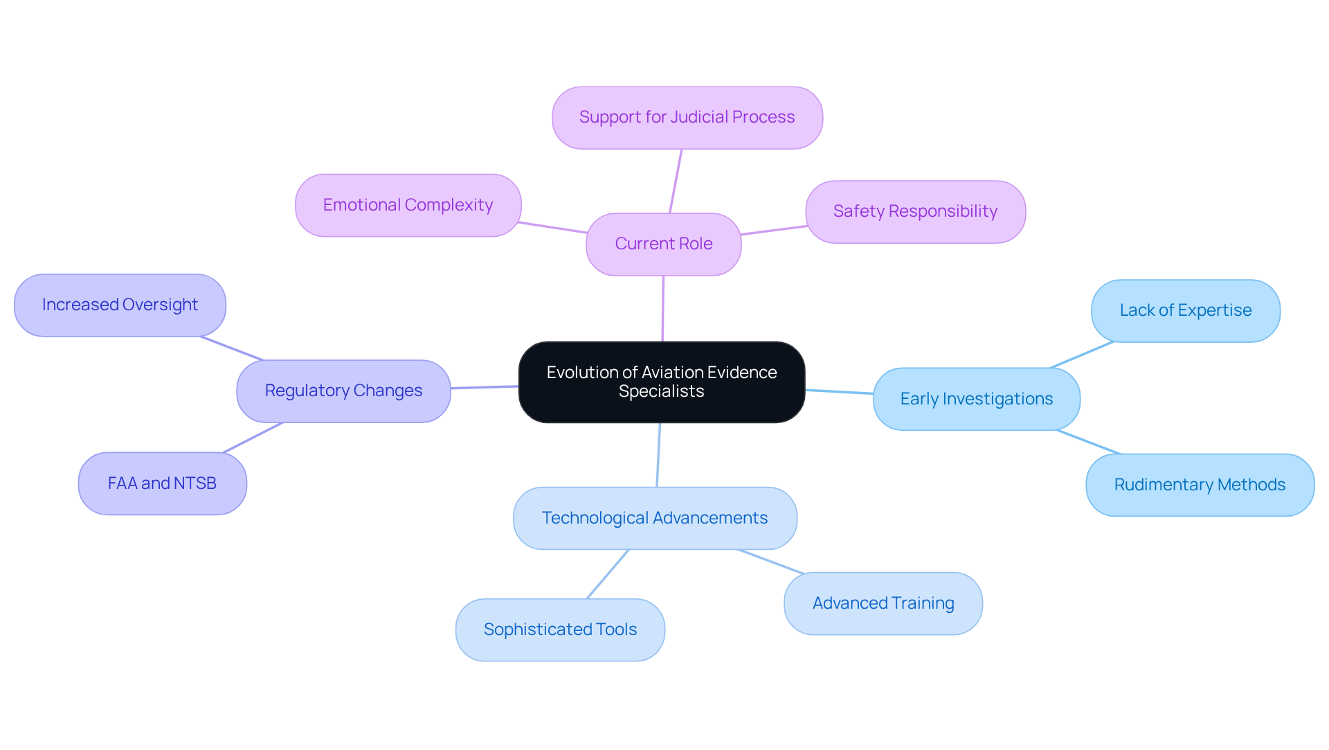 The central node represents the overall evolution, while branches show key areas of development. Each sub-branch provides more detail about specific changes and influences in the role.