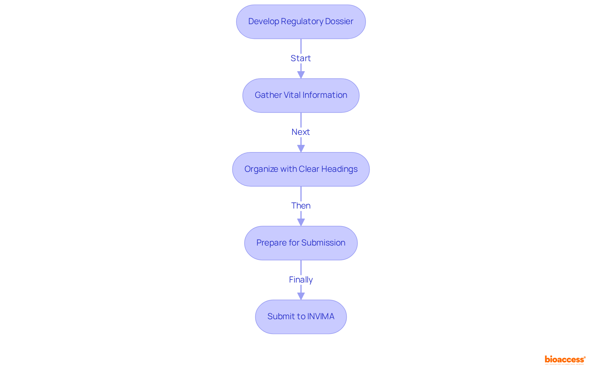 Each box represents a step in the dossier development process. Follow the arrows to understand how each step leads to the next, ultimately resulting in a successful submission.