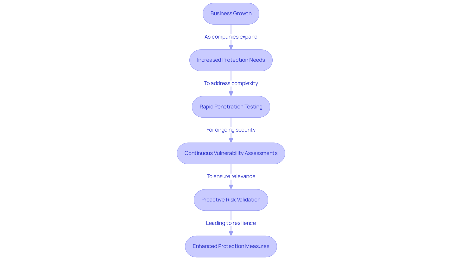 Follow the arrows to see how each step in the security process connects to the next, starting from business growth and leading to enhanced protection measures.