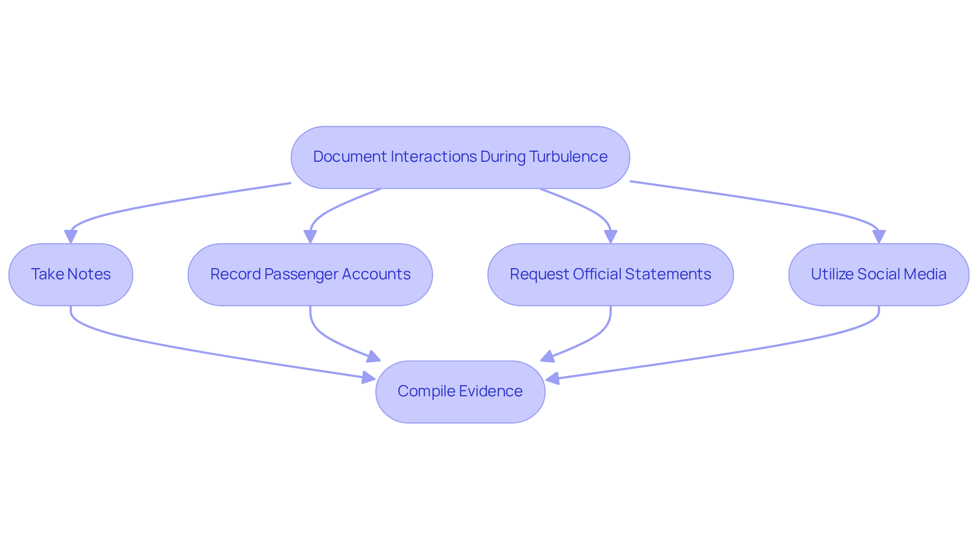 Follow the arrows to see the steps you should take during a turbulent flight. Each box represents an action that can help you gather important information and support your claims.