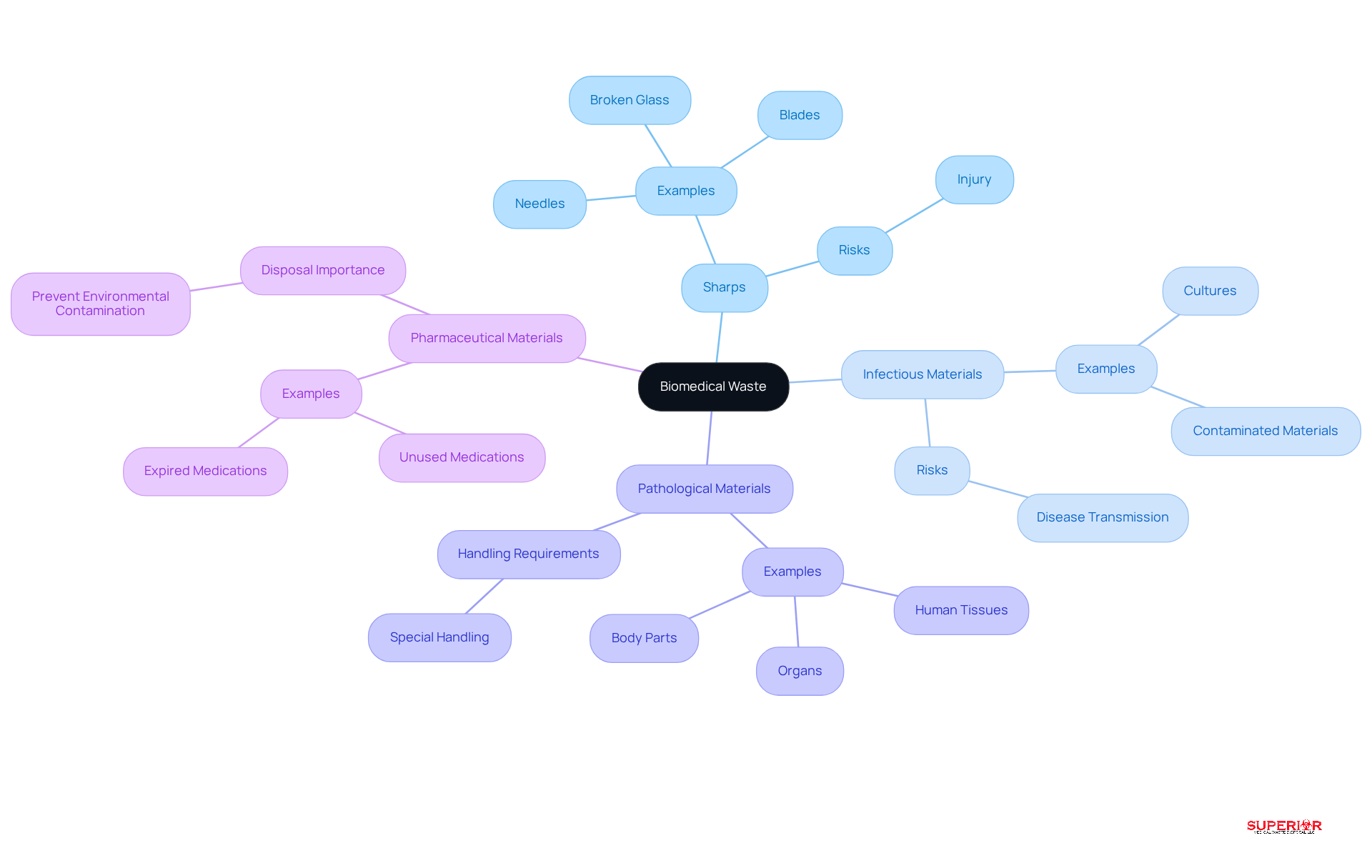 The central node represents biomedical waste, and each branch shows a different category. Follow the branches to see examples and characteristics of each type, helping you understand how they relate to waste management.