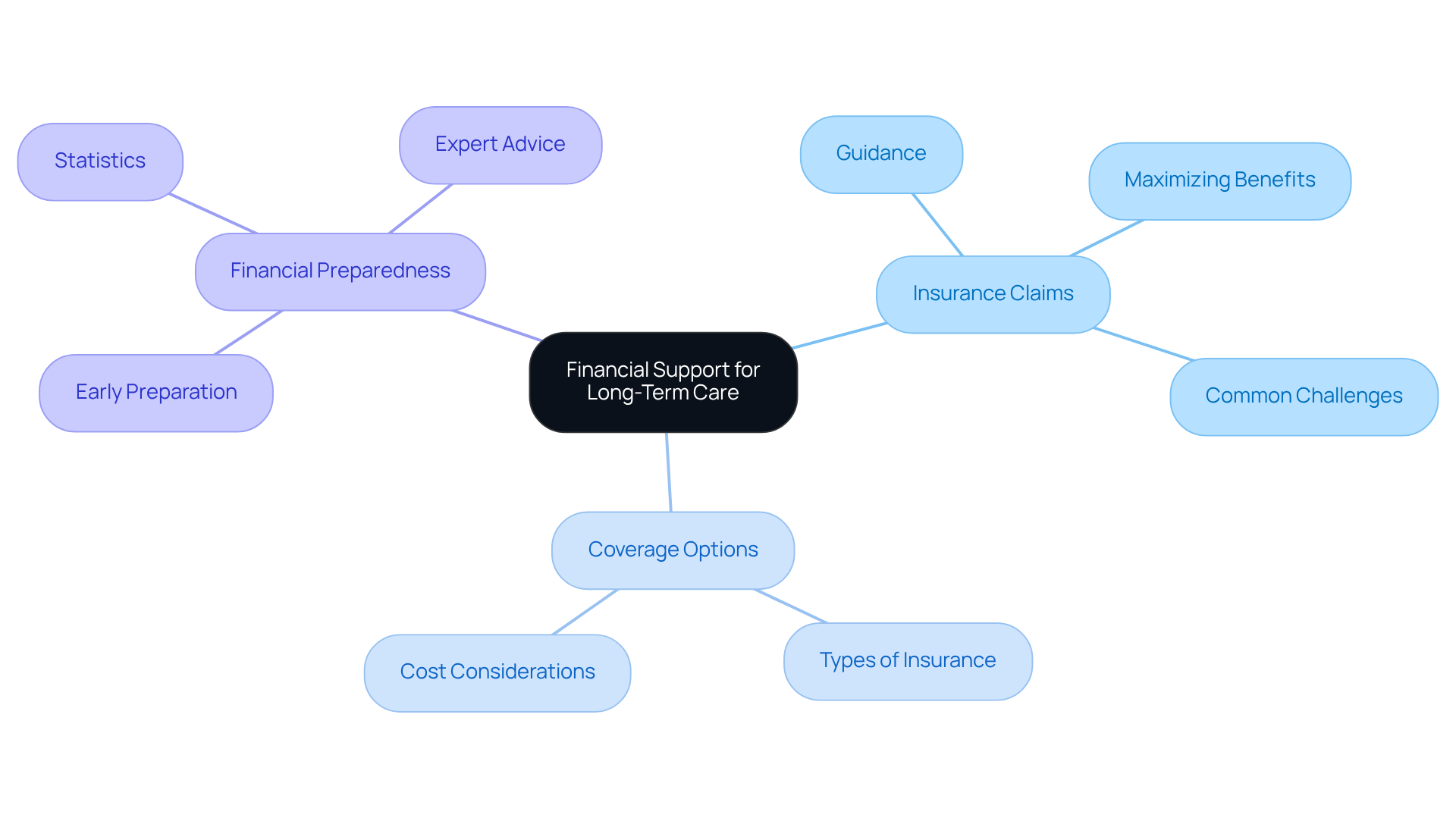 This mindmap illustrates the key concepts related to financial support for long-term care. Each branch represents a major area of focus, showing how they connect to help families navigate financial planning effectively.