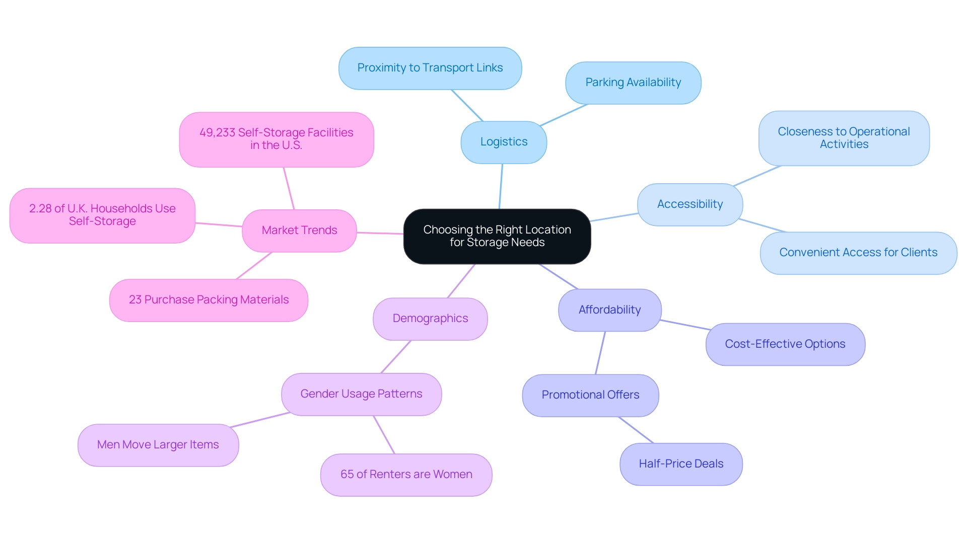 Branches represent major themes influencing storage location decisions, with sub-branches detailing specific factors under each theme.