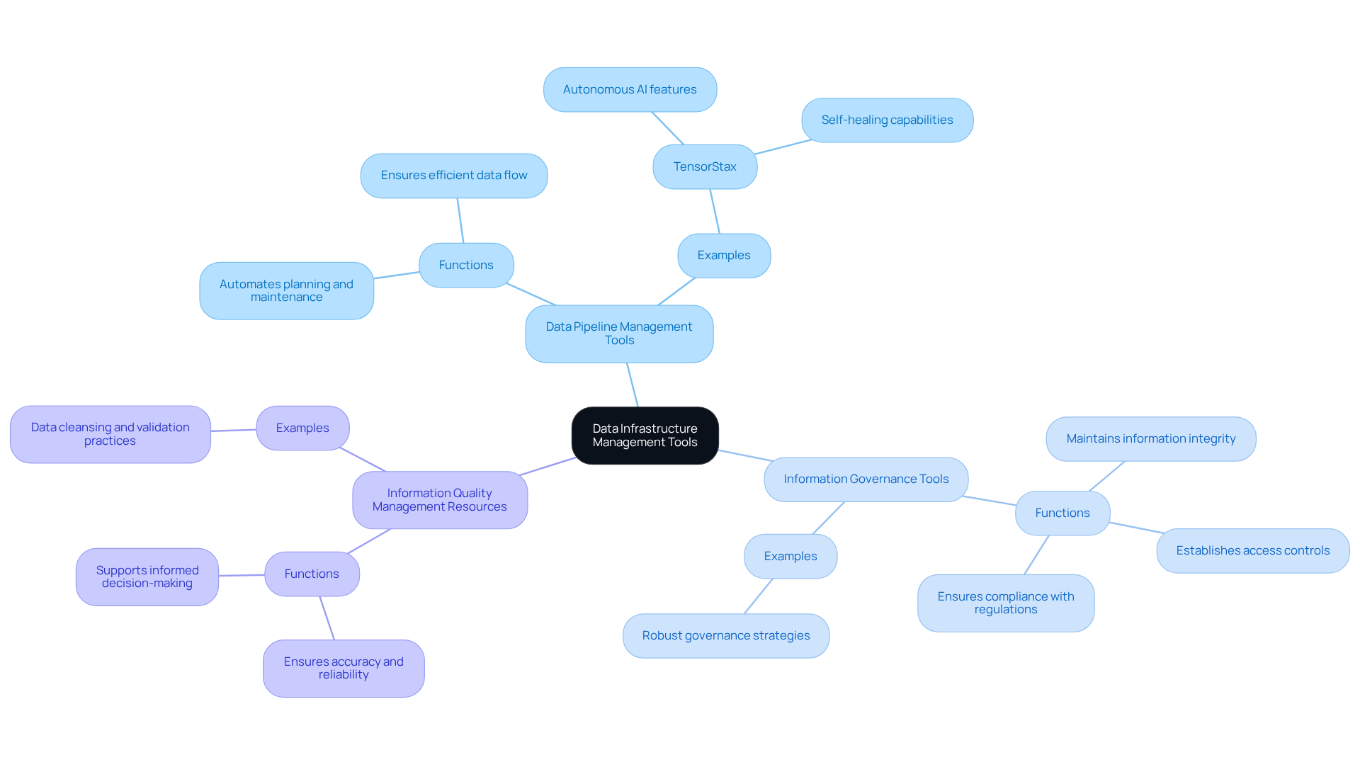 The central node represents the main topic, while the branches show different categories of tools. Each sub-branch provides details about the specific functions and examples, helping you understand how they contribute to effective data management.