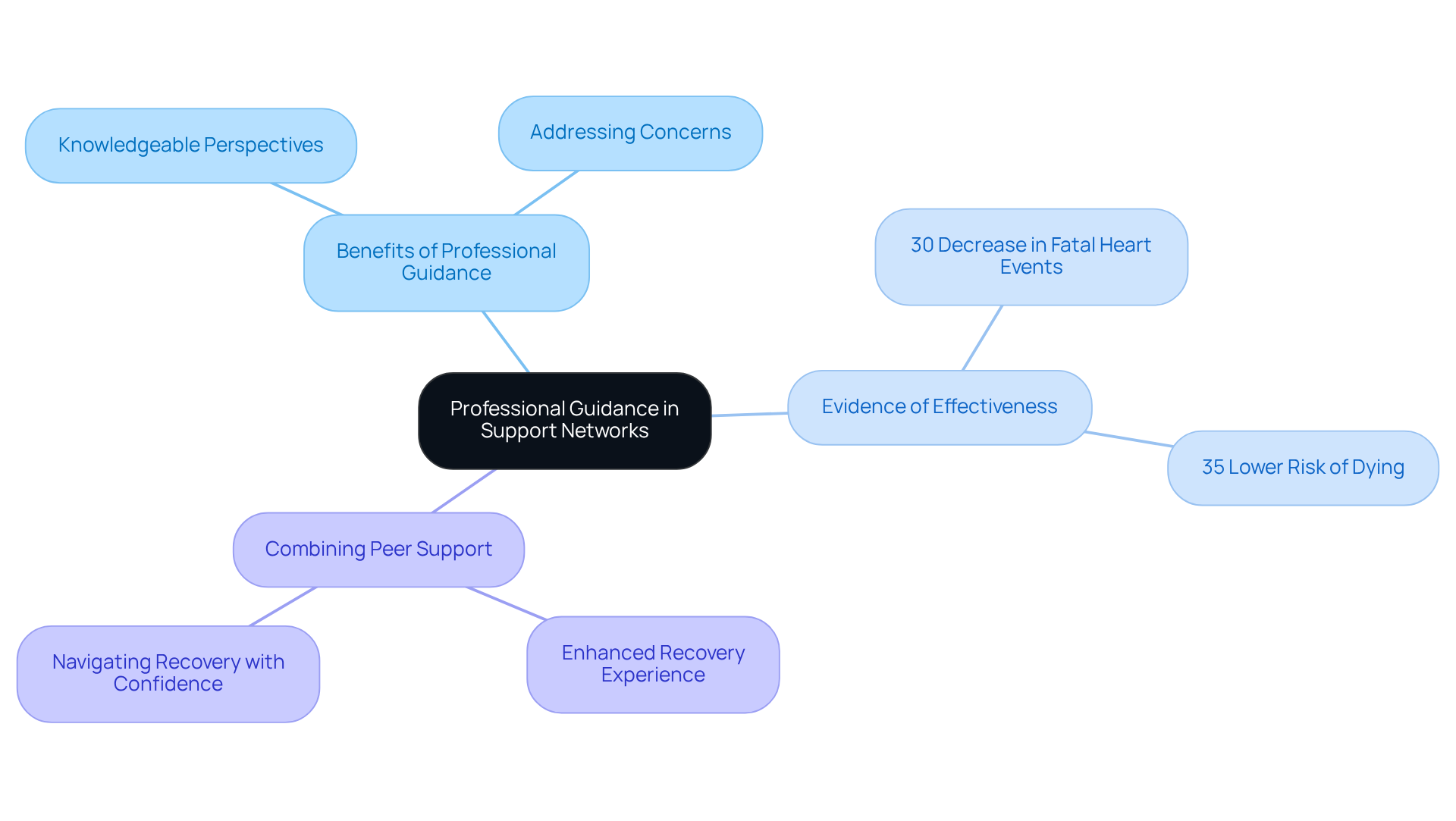 The center shows the main idea of professional guidance in support networks. Follow the branches to see the benefits, evidence, and how it complements peer support, helping patients navigate their recovery.