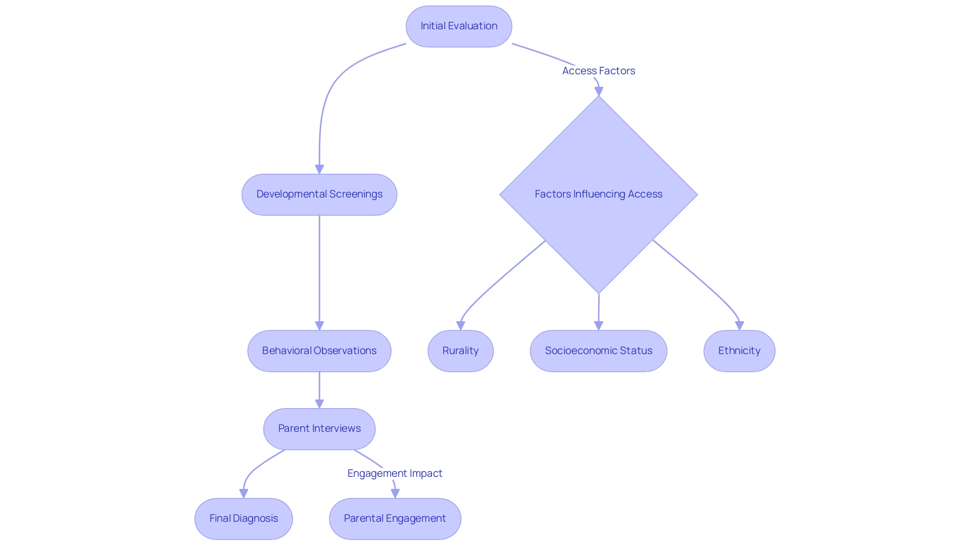 Each box represents a step in the diagnostic process, with arrows showing the flow of the journey. Factors affecting access to evaluation are indicated by additional branches.